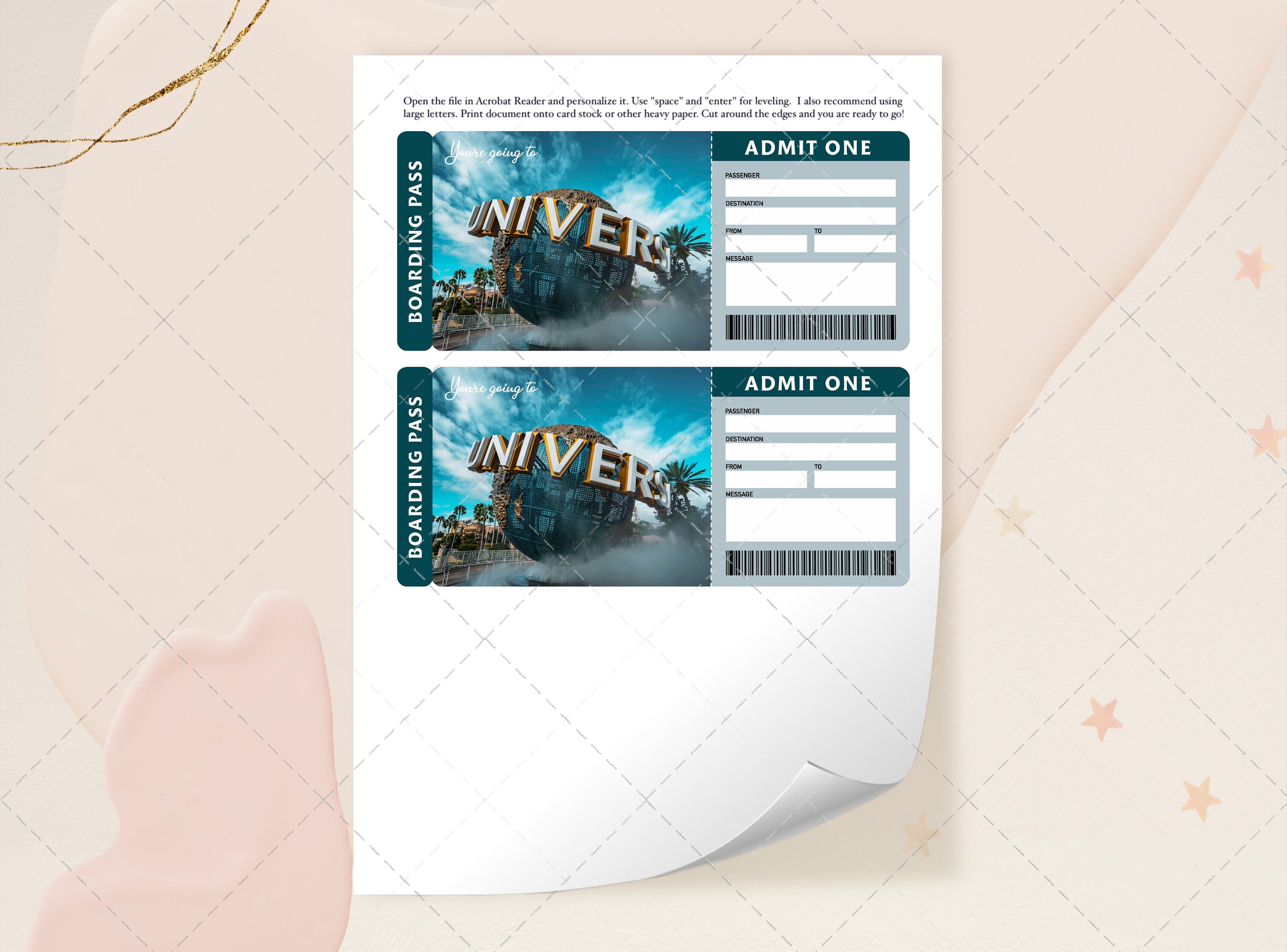 Printable Theme Park Universal Studios Surprise Reveal Ticket, Vacation ...