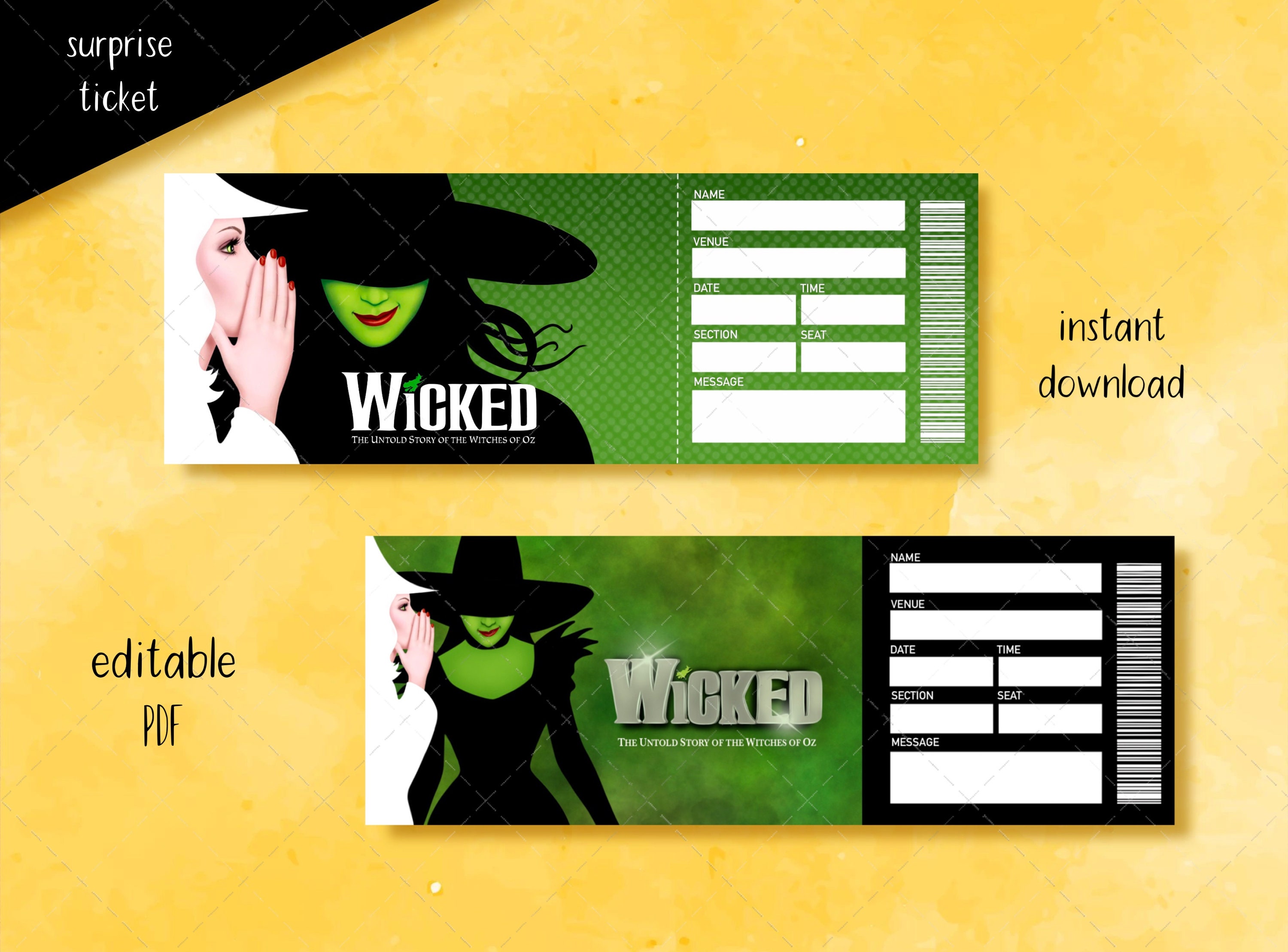 Printable WICKED Broadway Surprise Ticket, Editable Musical Ticket ...