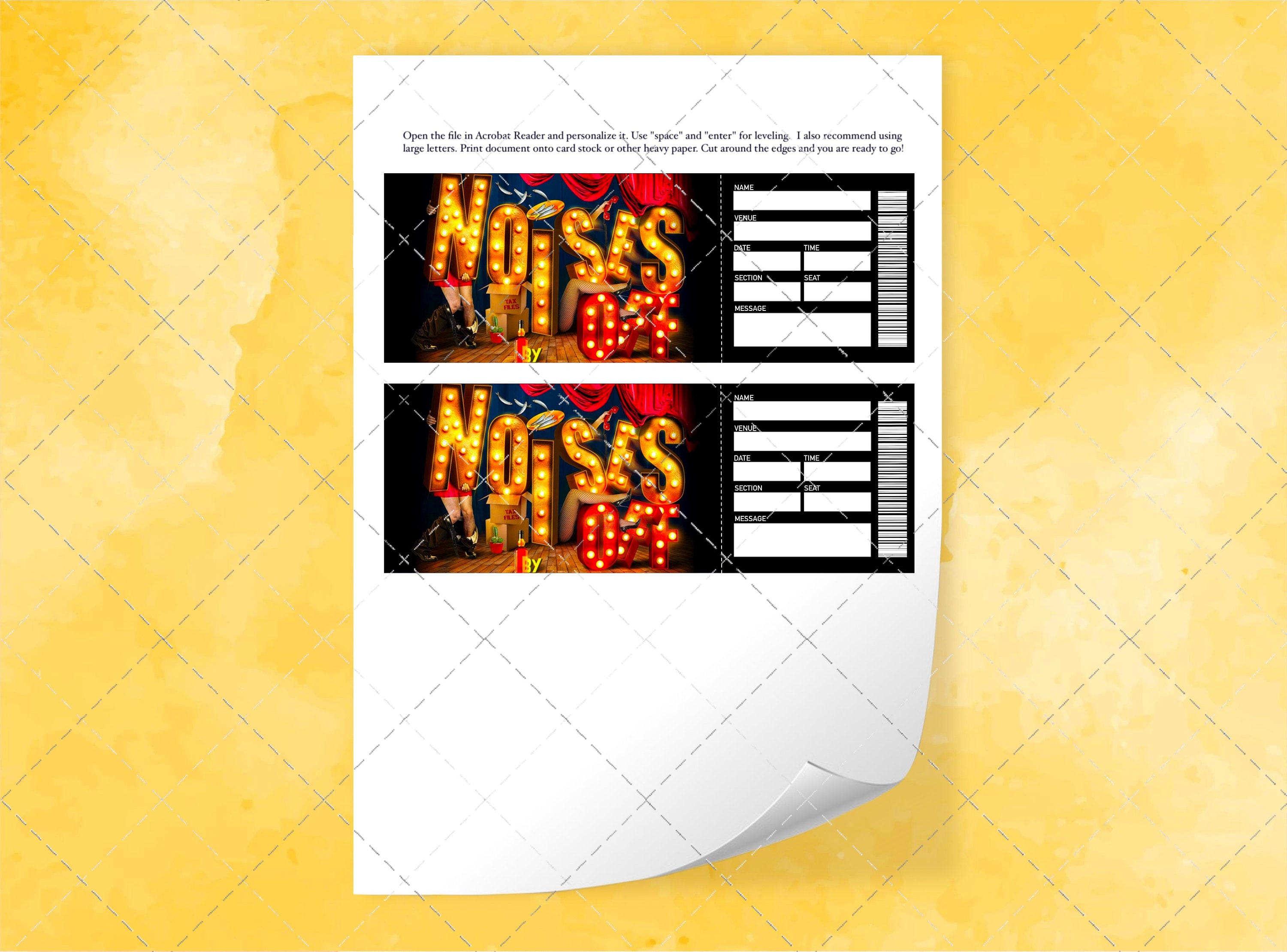 Printable NOISES OFF Ticket, Surprise Ticket, Editable Musical Ticket ...