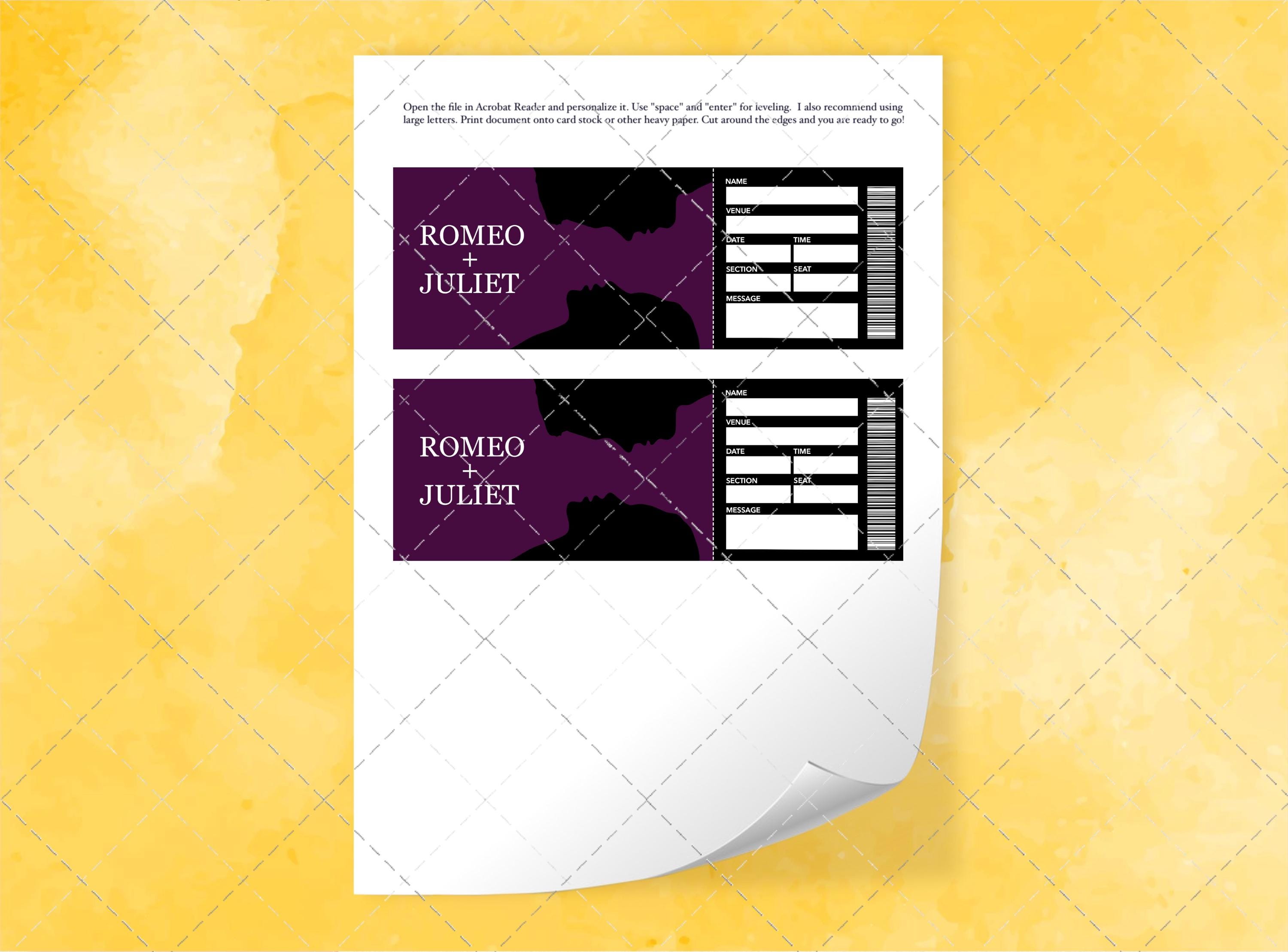 Printable Romeo and Juliet Ticket, Broadway Surprise Theater Ticket ...