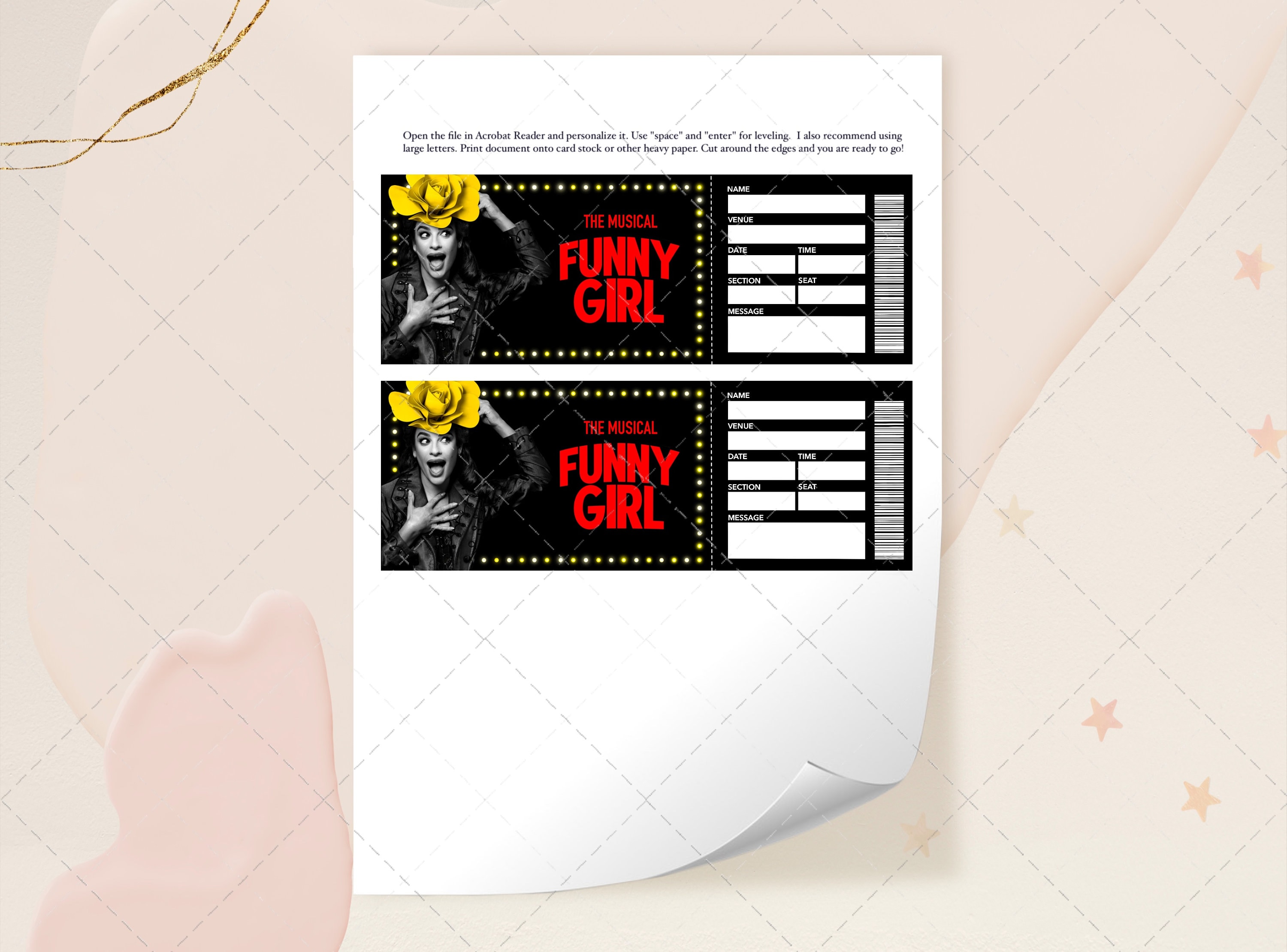 Printable Funny Girl Musical Ticket, Editable Broadway Surprise Musical ...