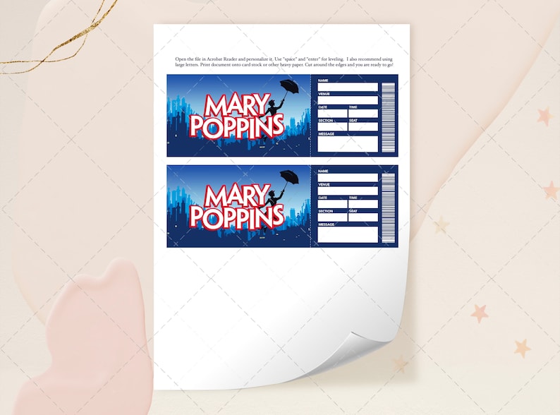 Printable MARY POPPINS Ticket, Broadway Surprise Musical Collectible Theater Ticket Editable ...