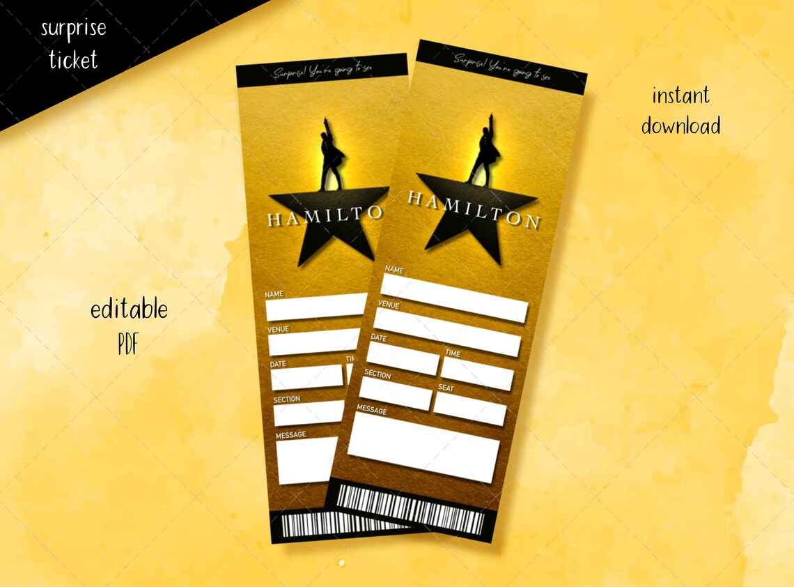 Printable Hamilton Broadway Ticket, Editable Ticket, Event Surprise Keepsake Gift, Musical ...