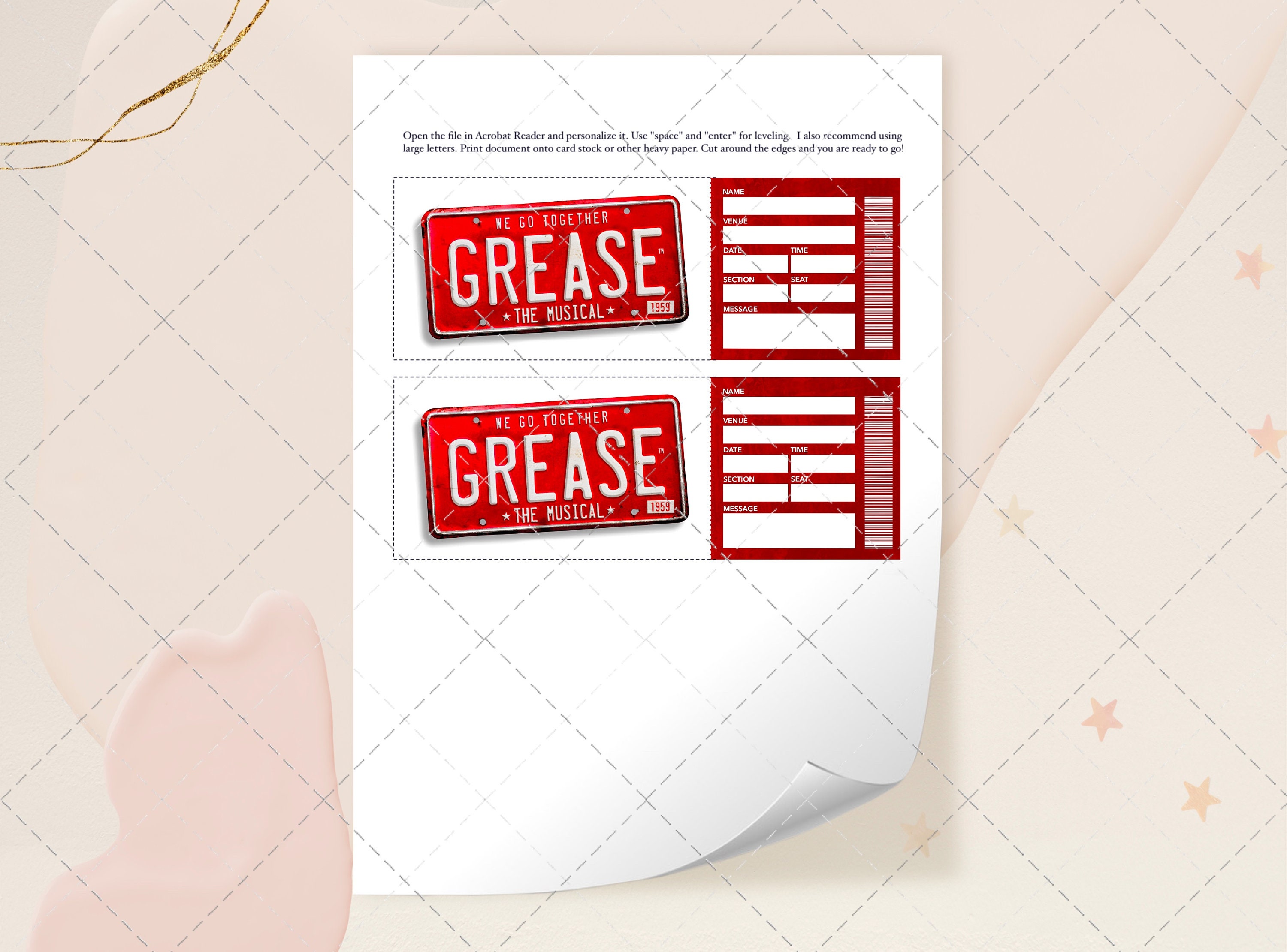 Printable GREASE Ticket, Editable Broadway Surprise Musical Theatre ...