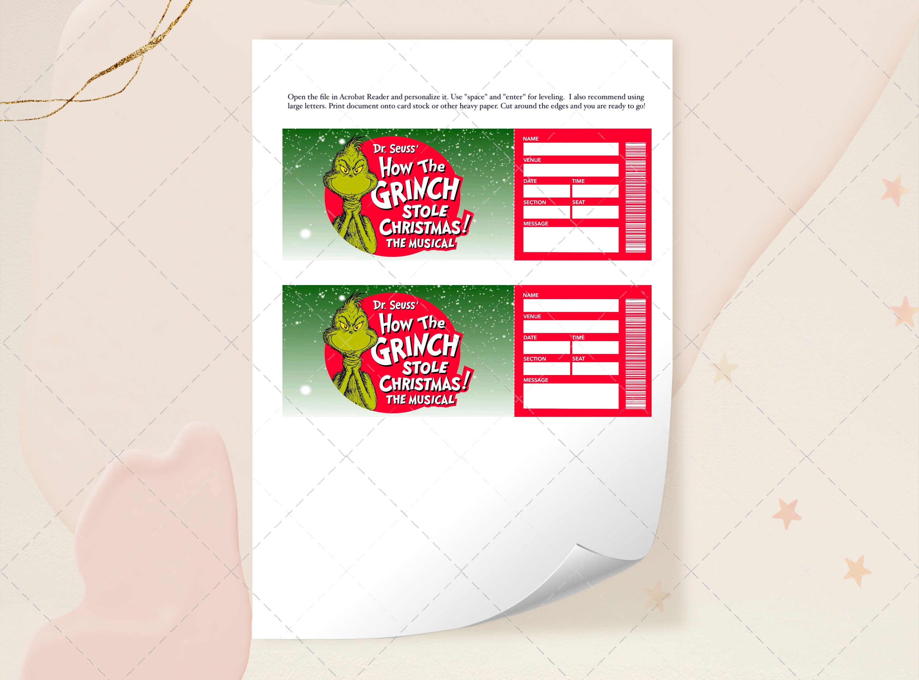 Printable How the Grinch Stole Christmas Ticket, Editable Christmas ...