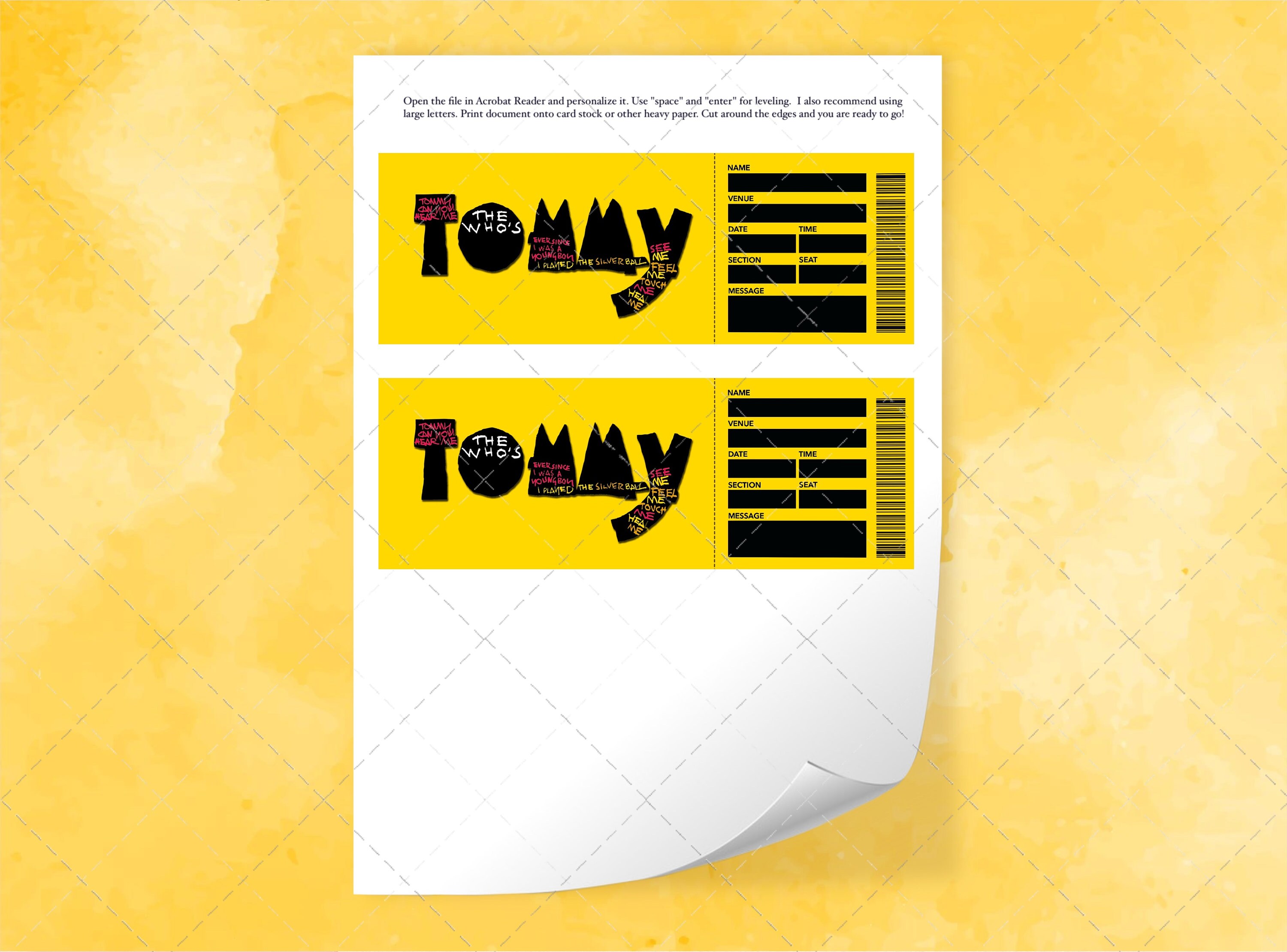 Printable Ticket, the Who is Tommy Musical, Editable Broadway Surprise ...
