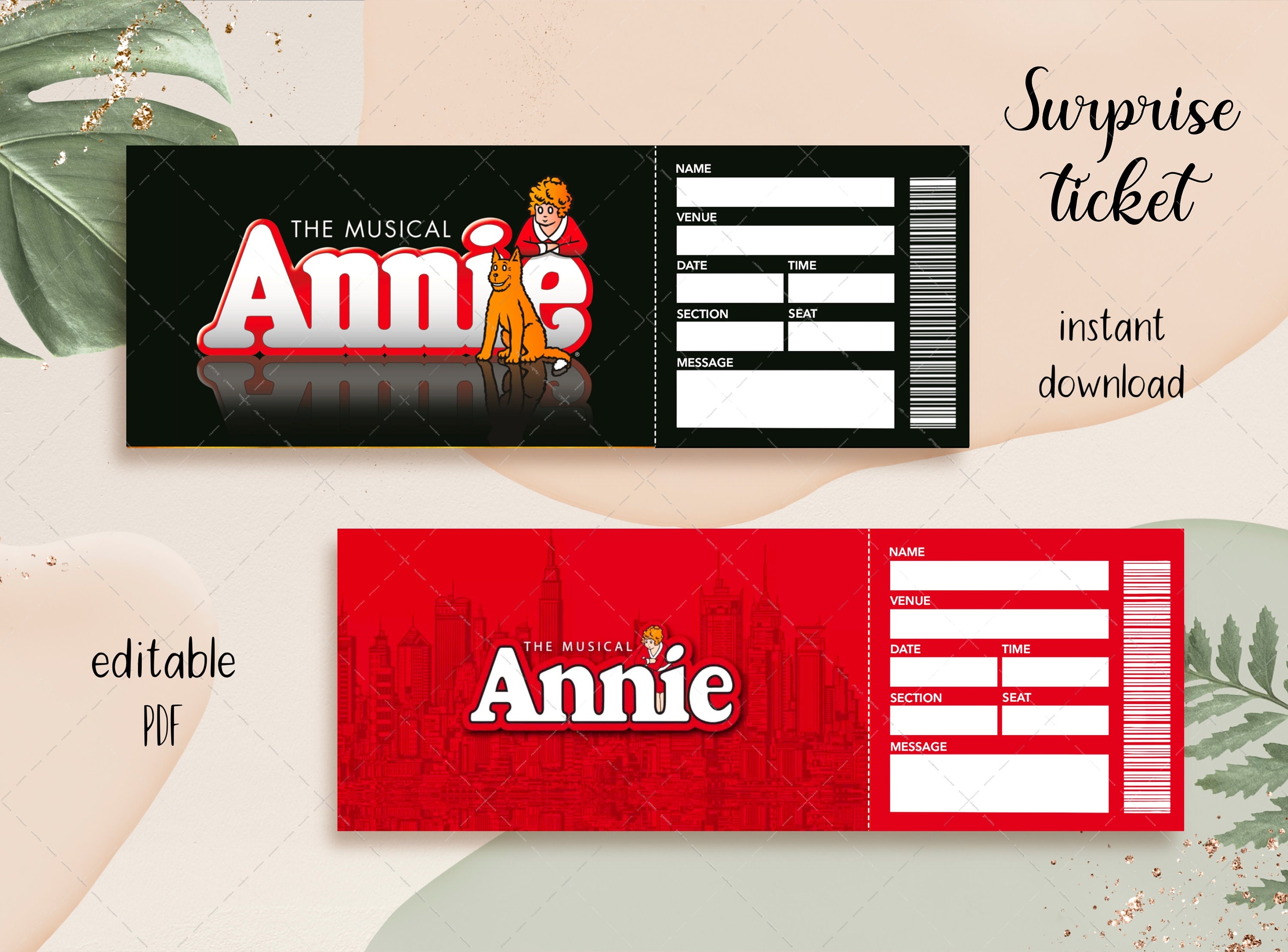 Printable Annie Musical Ticket, Editable Broadway Surprise Musical ...
