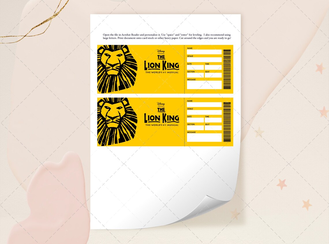 Printable Lion King Ticket, Editable Broadway Surprise Musical Theatre ...