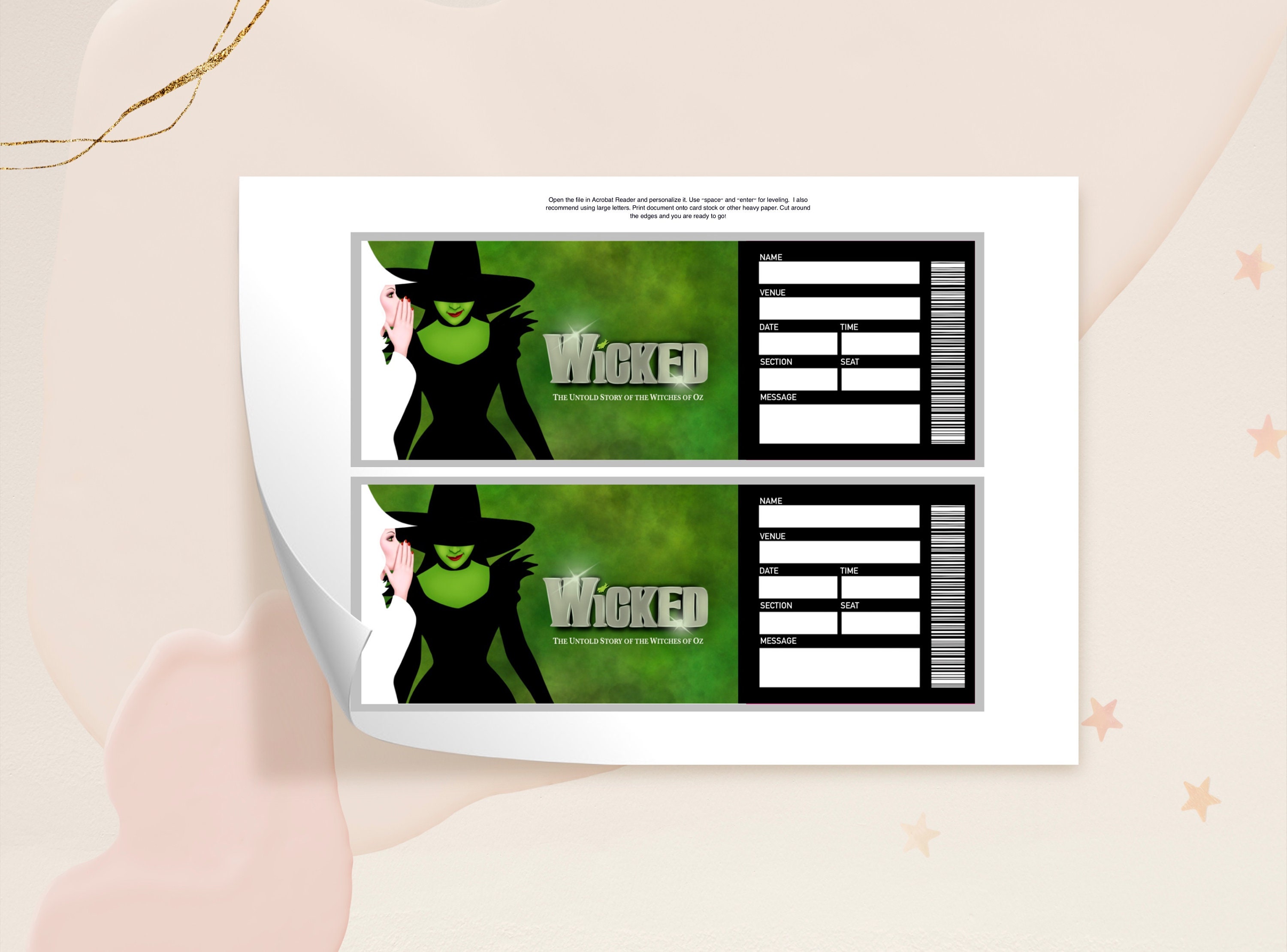 Printable WICKED Broadway Surprise Ticket, Editable Musical Ticket ...