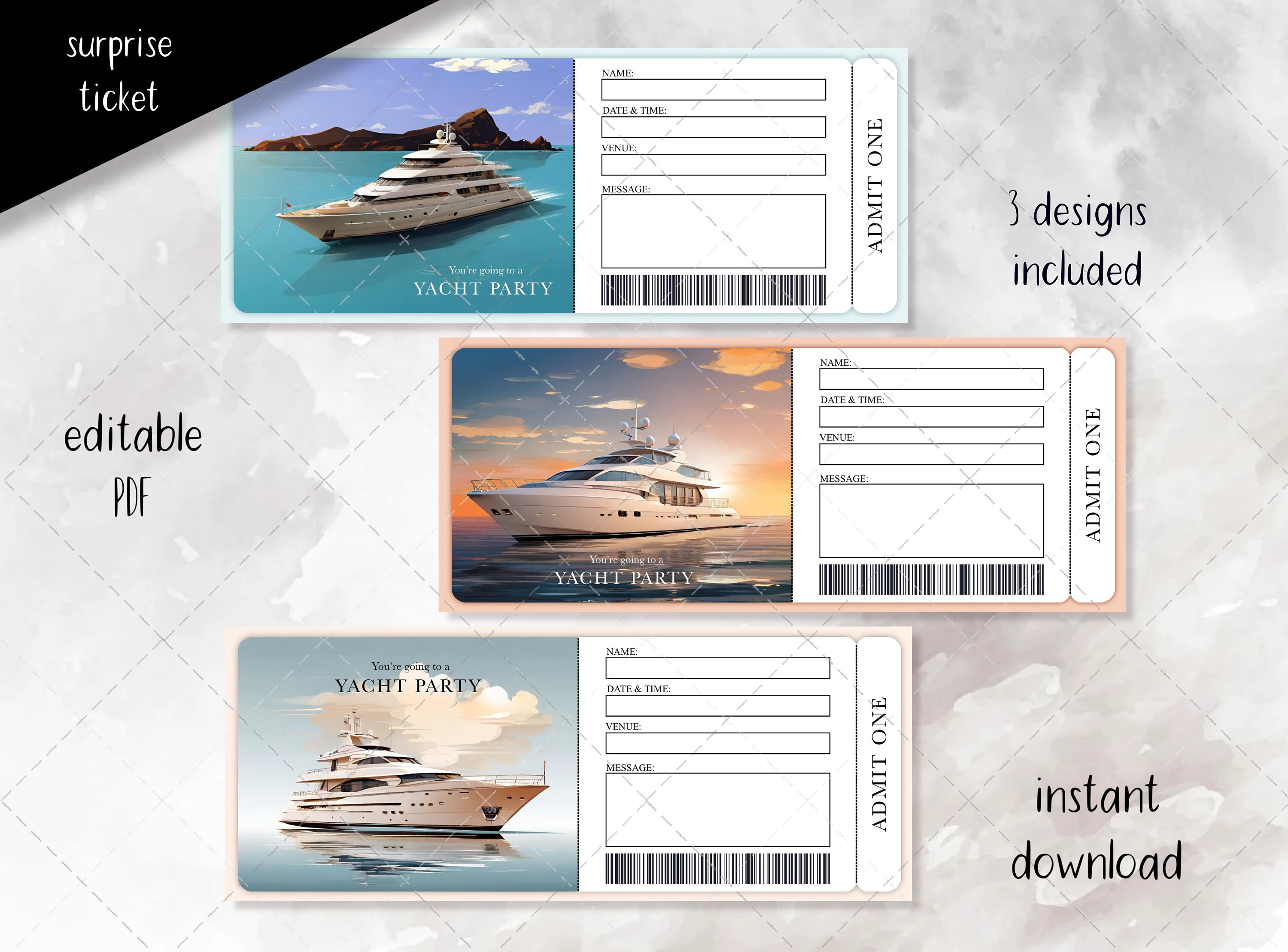 Yacht Party, Surprise Gift Ticket, Printable Editable Ticket, Template ...