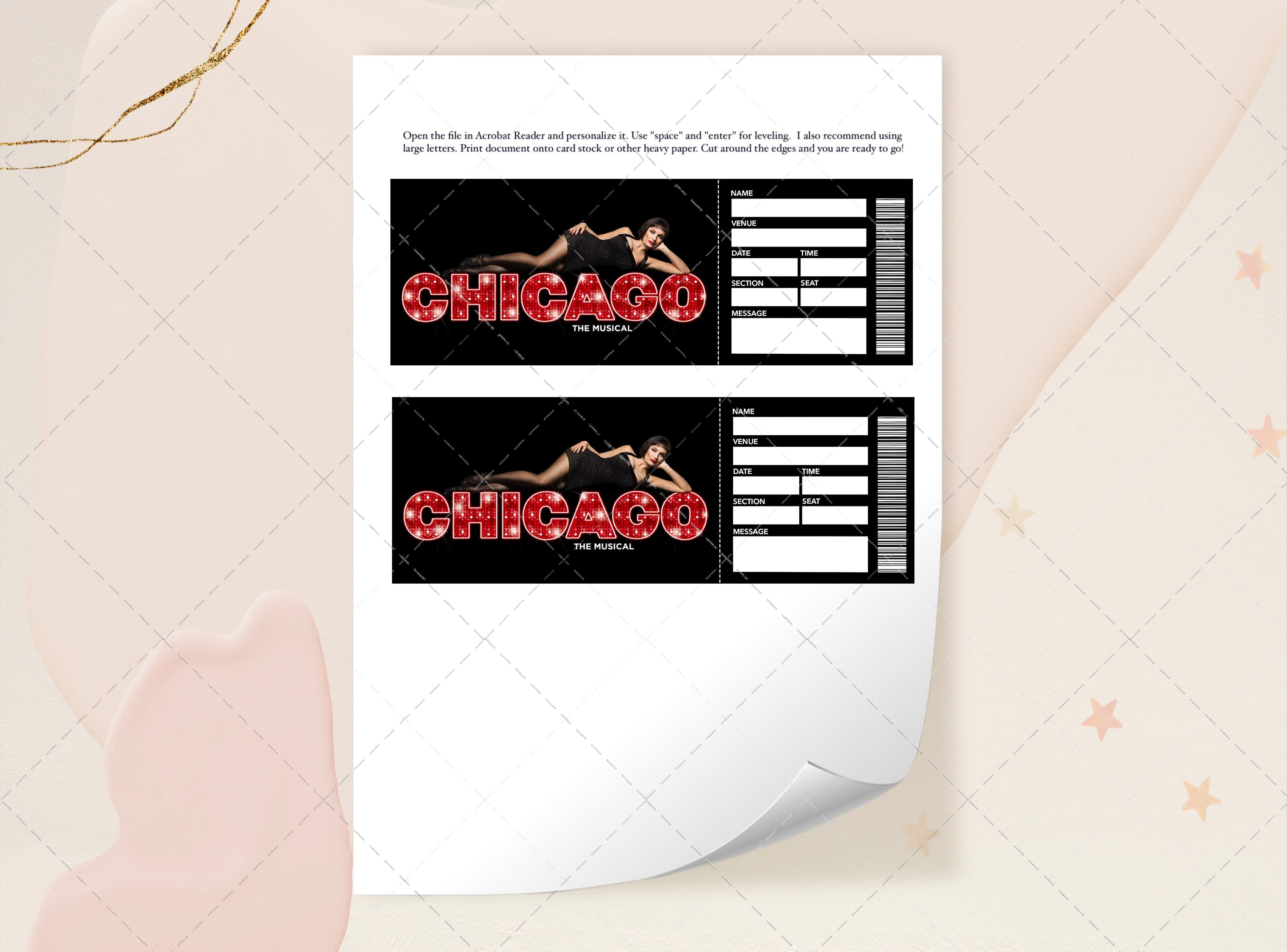 Printable Chicago Ticket, Editable Broadway Ticket, Event Surprise Gift, Musical Theatre Faux ...