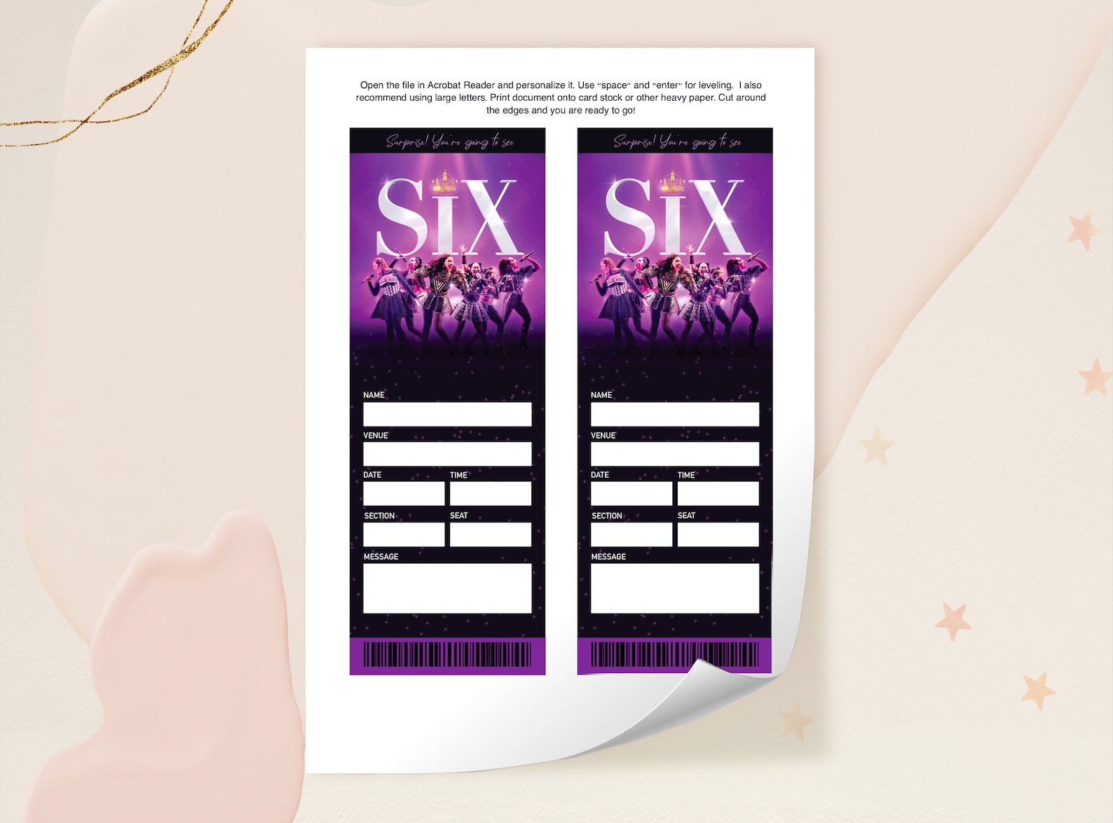 Printable SIX Broadway Ticket, Editable Surprise Musical Theatre, Six ...