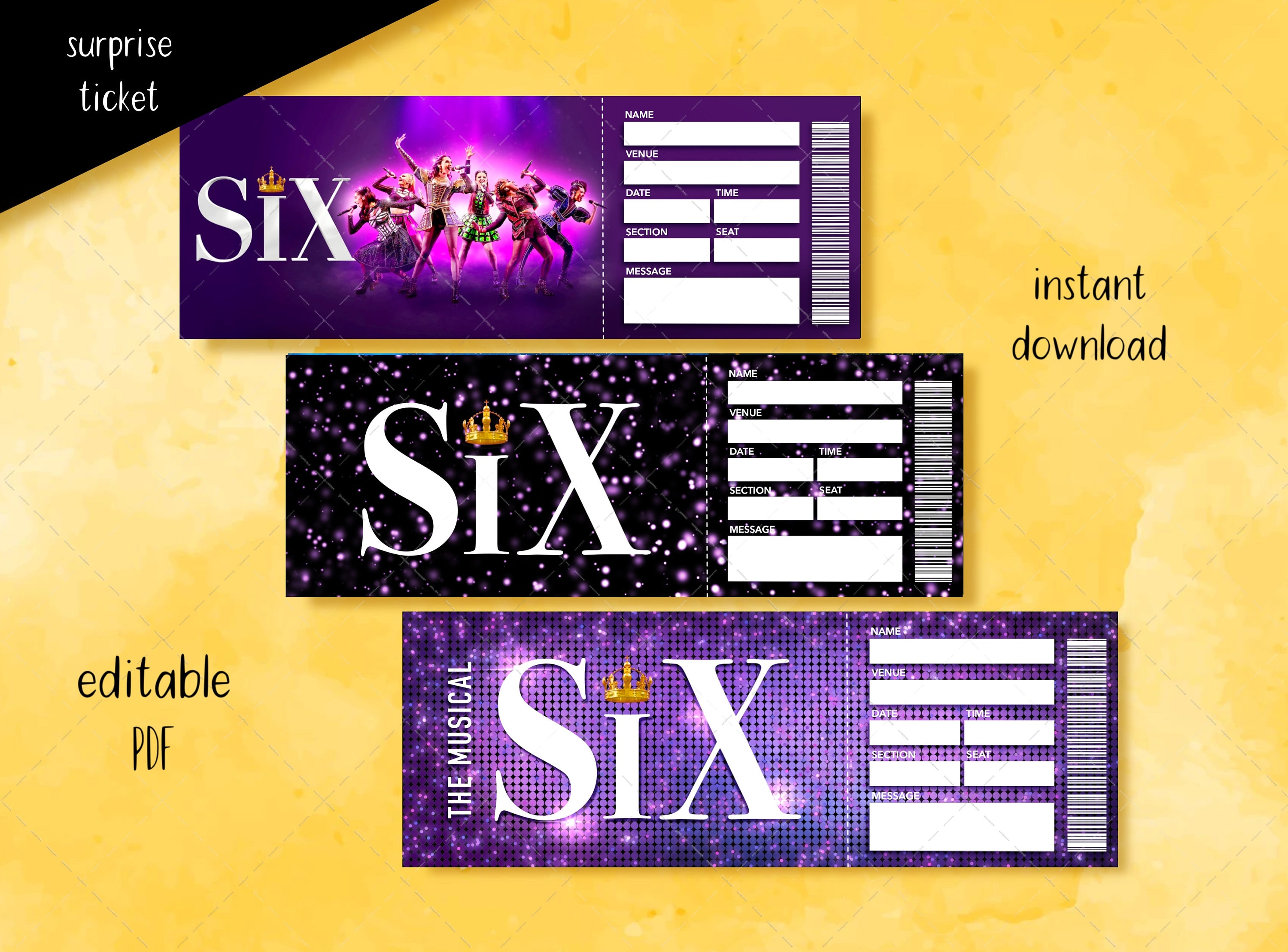 SIX Printable Broadway Surprise Ticket, SIX the Musical Collectible Theater Ticket, SIX Editable ...