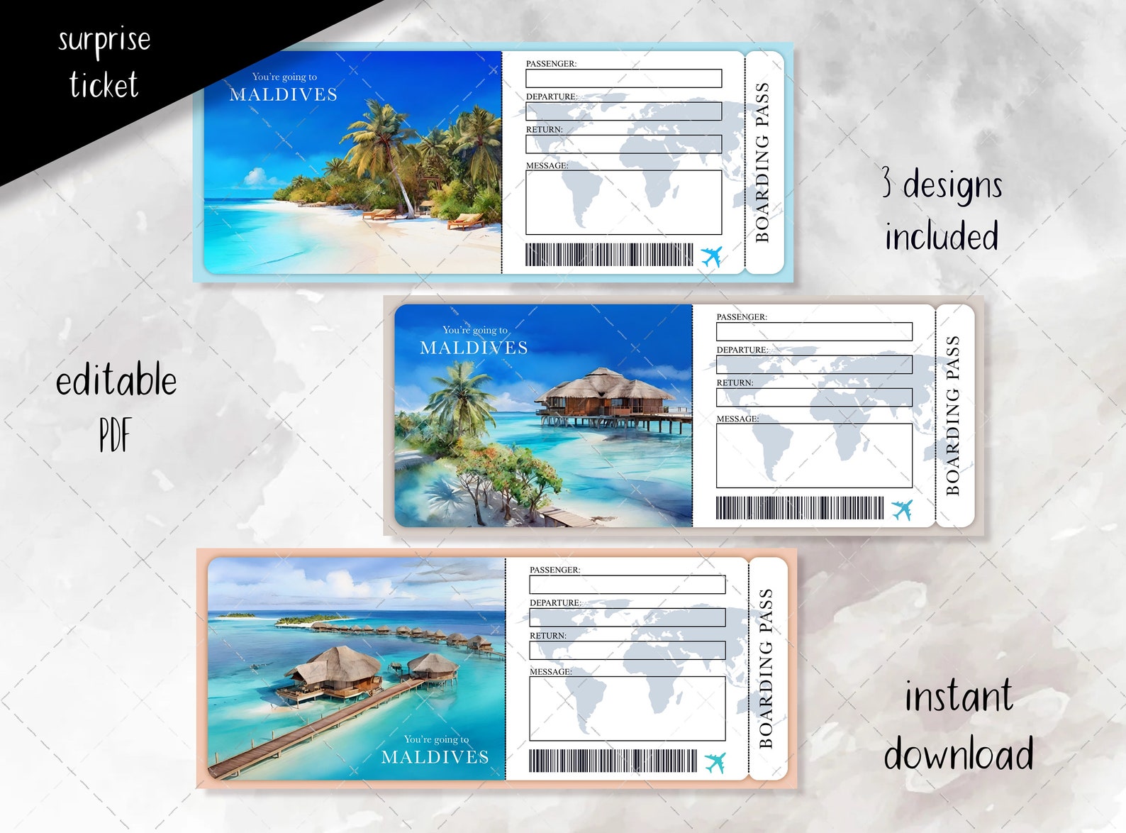 Editable MALDIVES Ticket, Trip Surprise Gift, Printable Airline Ticket ...