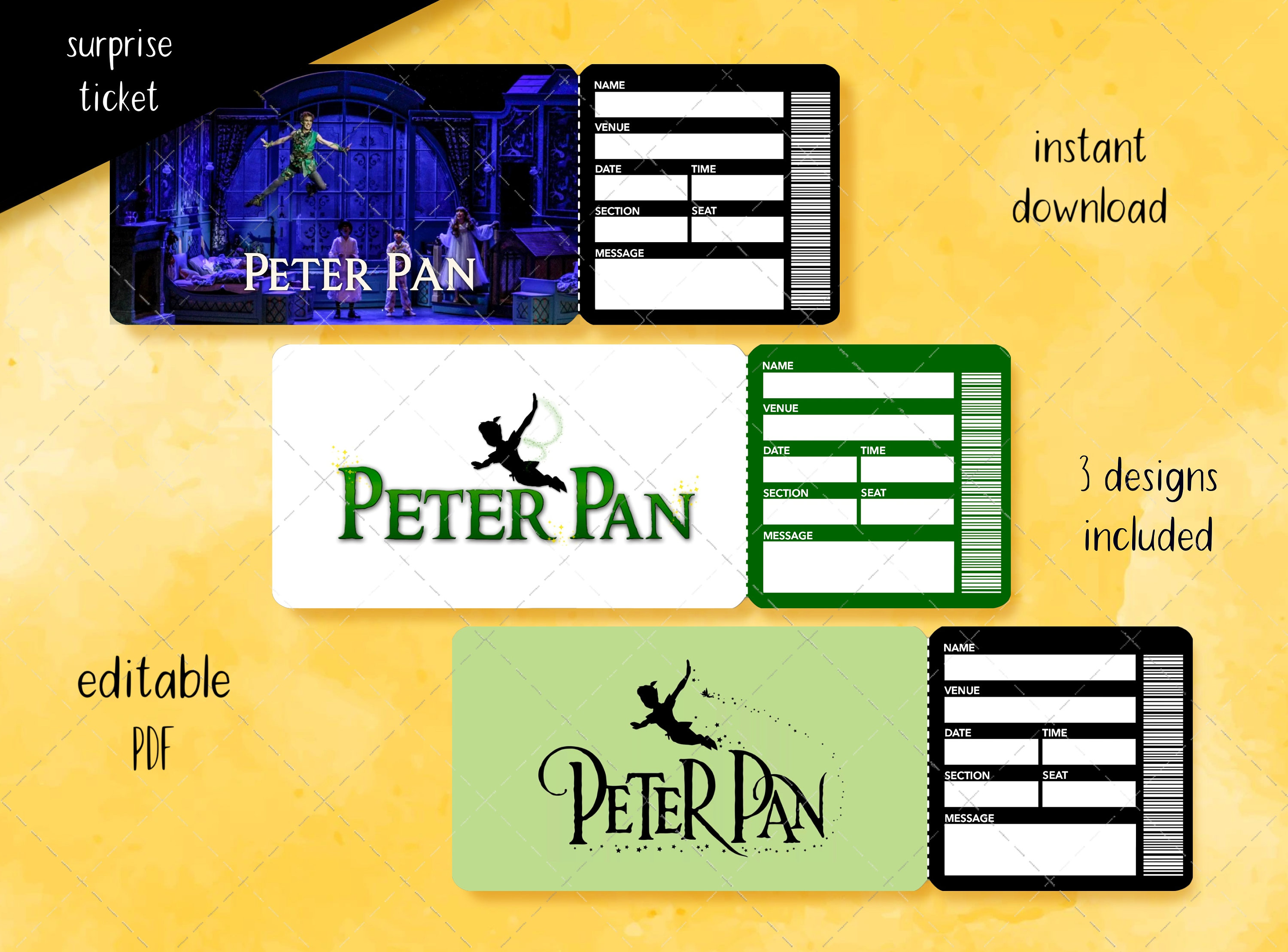 Printable PETER PAN Ticket, Editable Broadway Surprise Musical Theatre, Musical Theater Faux ...