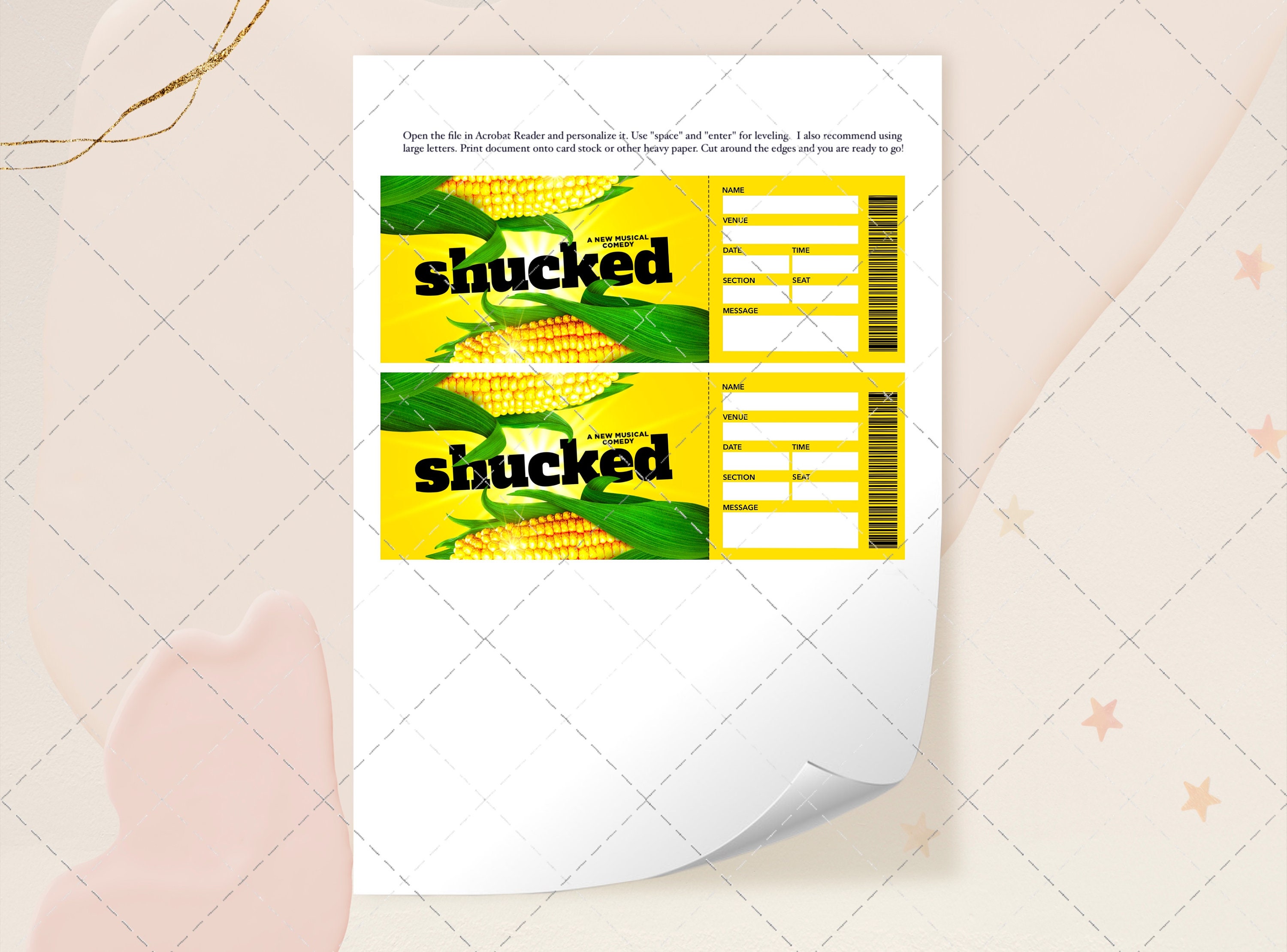 Printable SHUCKED Musical Ticket, Editable Broadway Surprise Musical ...