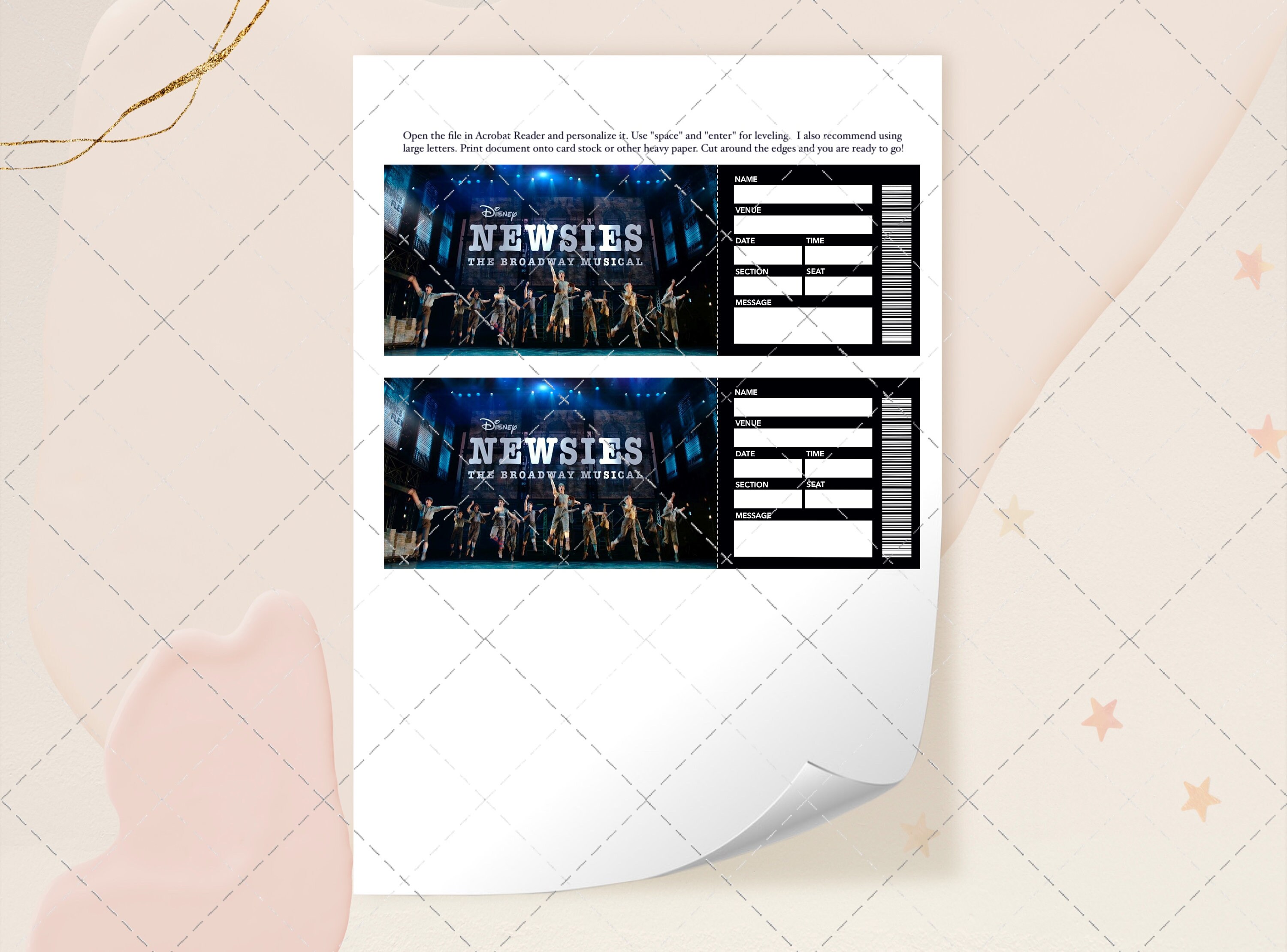 Printable Newsies Musical Ticket, Editable Broadway Ticket, Event ...