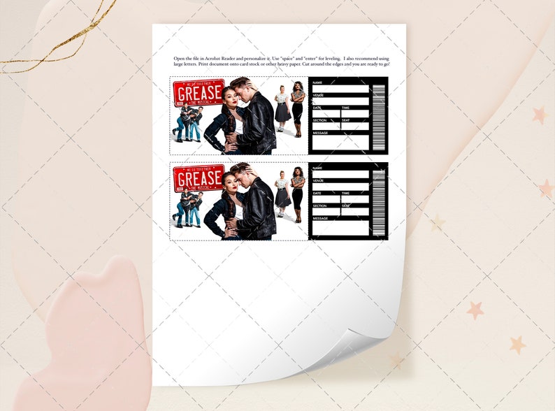 Printable GREASE Ticket, Editable Broadway Surprise Musical Theatre ...
