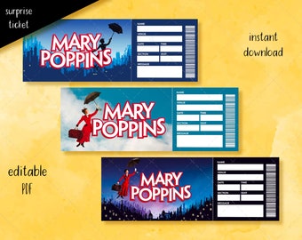 Printable Mary Poppins Broadway Surprise Ticket, Musical Collectible Theater Ticket Editable ...