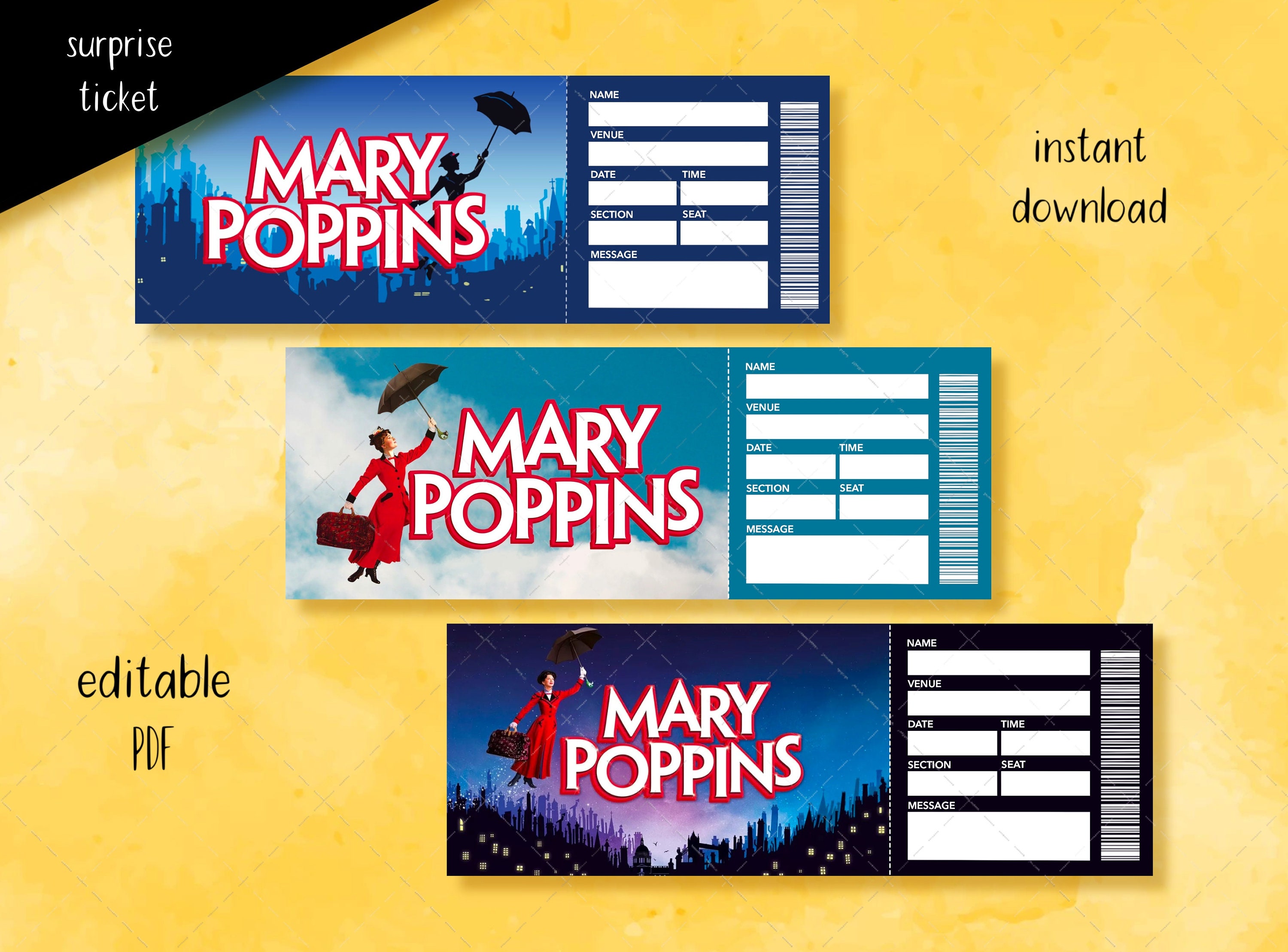 Printable MARY POPPINS Ticket, Broadway Surprise Musical Collectible Theater Ticket Editable ...