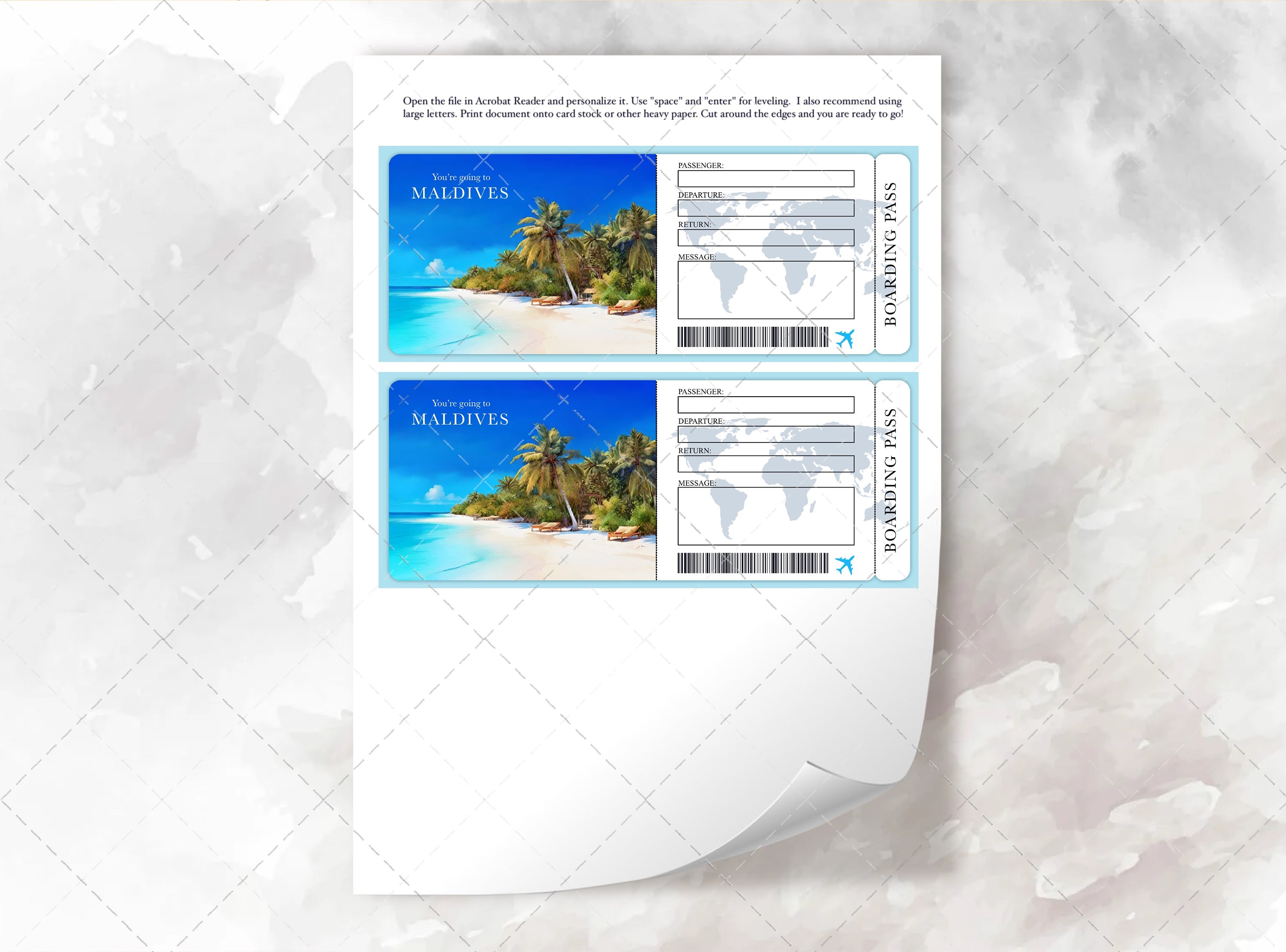 Editable MALDIVES Ticket, Trip Surprise Gift, Printable Airline Ticket ...