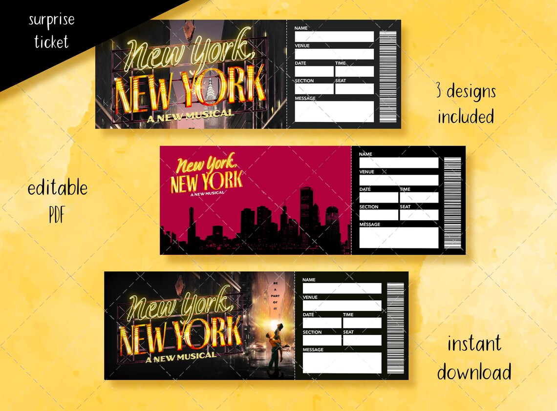 Printable New York Broadway Ticket, Surprise Musical Collectible ...