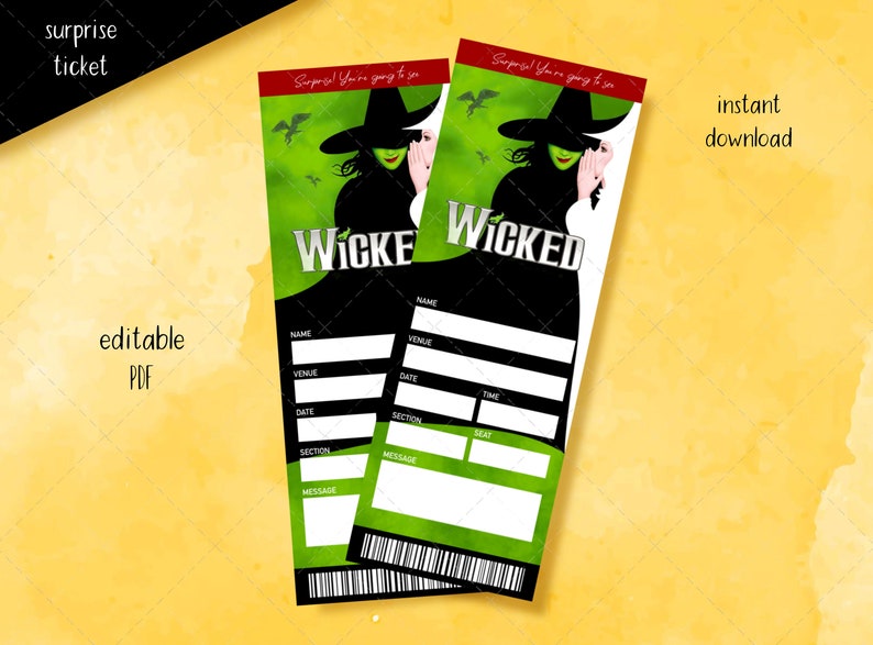 Printable Wicked Ticket, Editable Broadway Surprise Musical Theatre ...