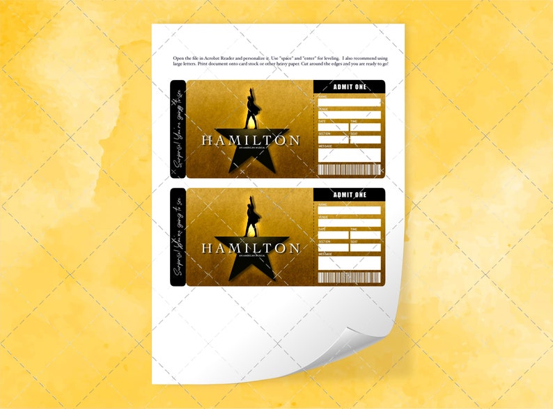 Hamilton Broadway Ticket Printable Surprise Tickets Editable - Etsy