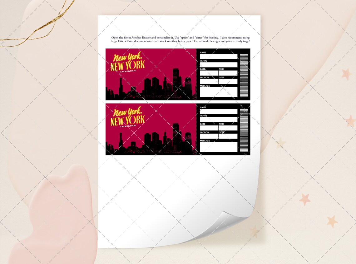 Printable New York Broadway Ticket, Surprise Musical Collectible ...