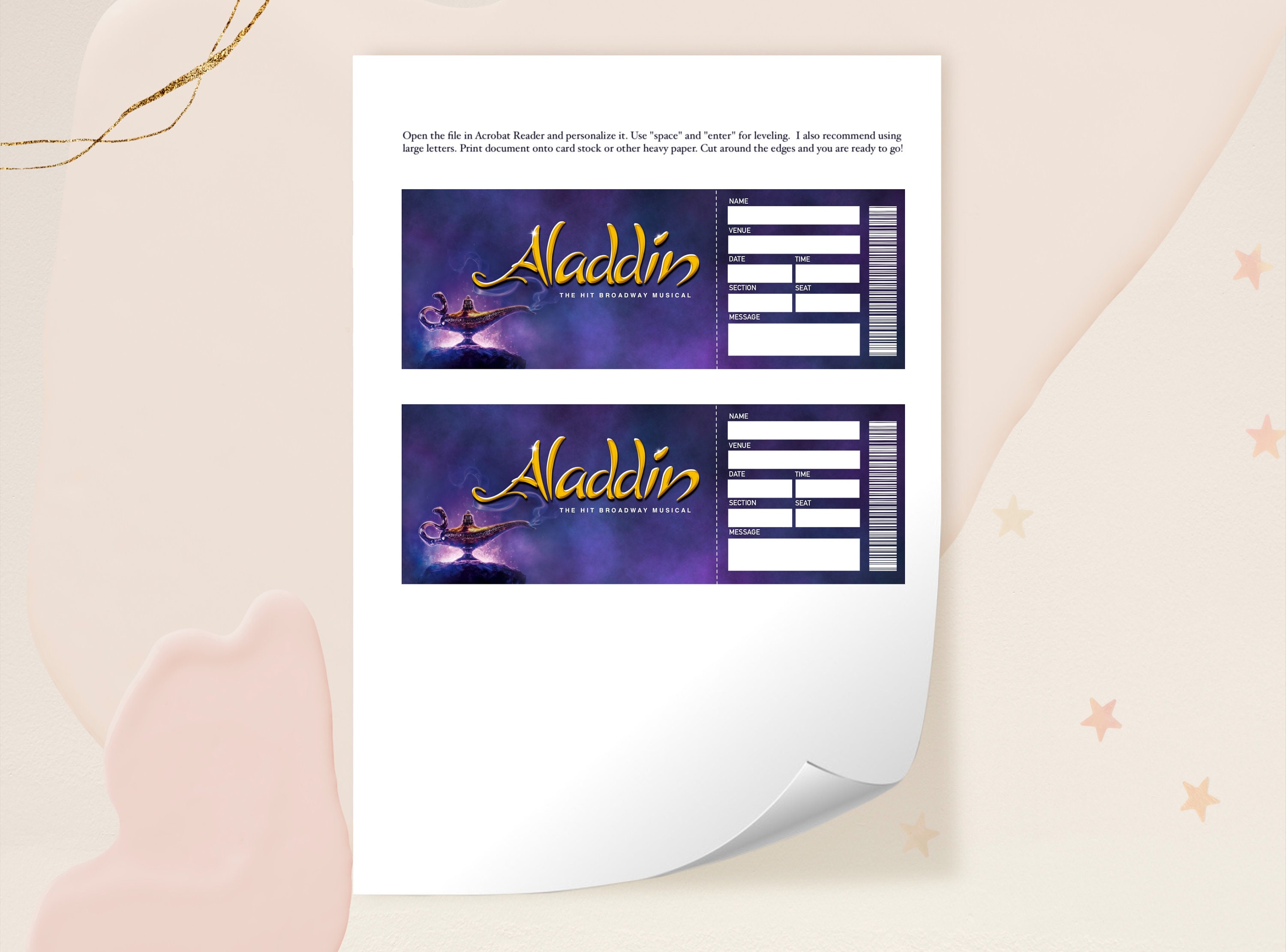 Printable Aladdin Ticket, Editable Broadway Surprise Musical Theatre ...
