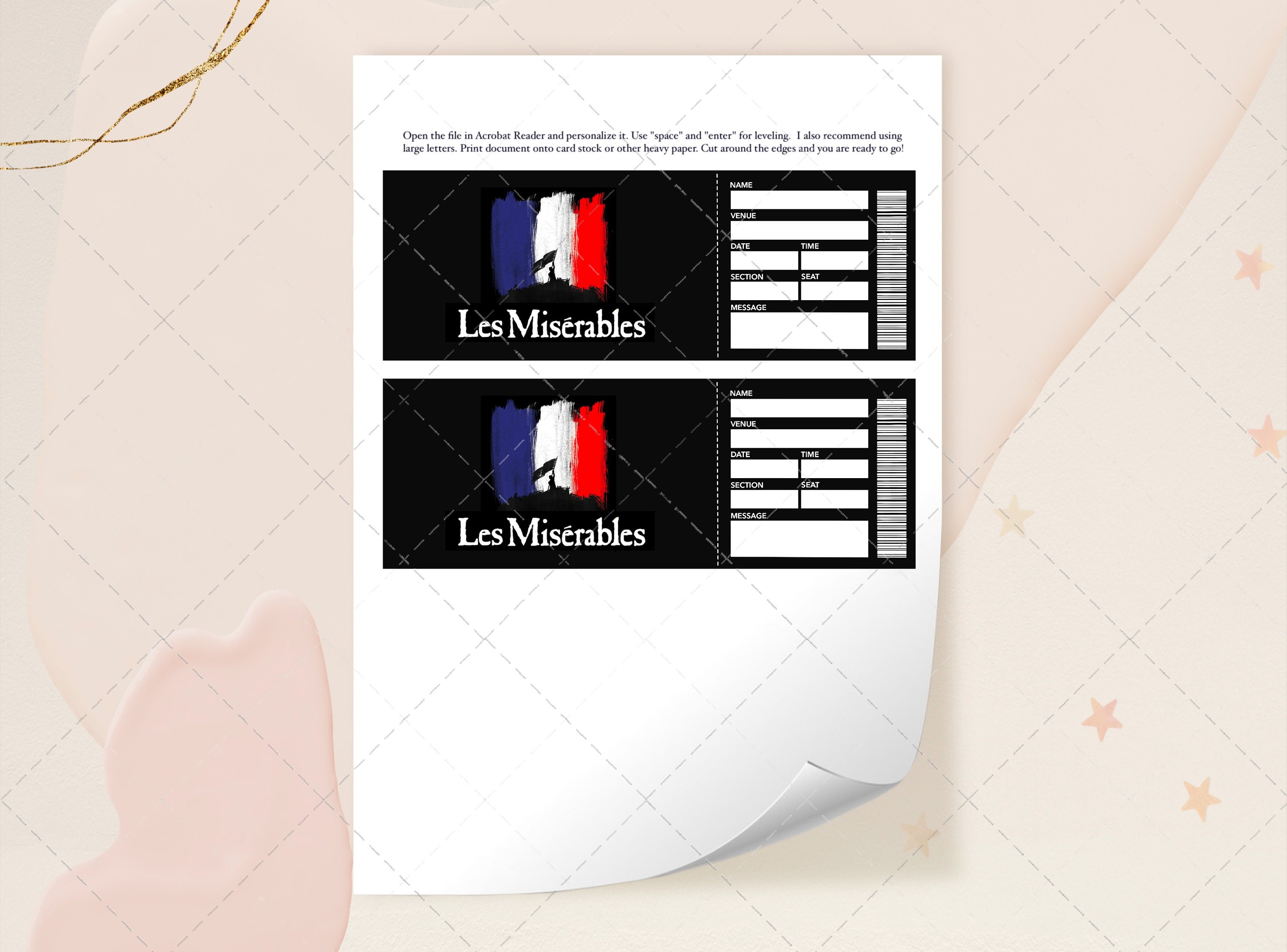 Printable Les Miserables Musical Ticket, Editable Broadway Surprise ...