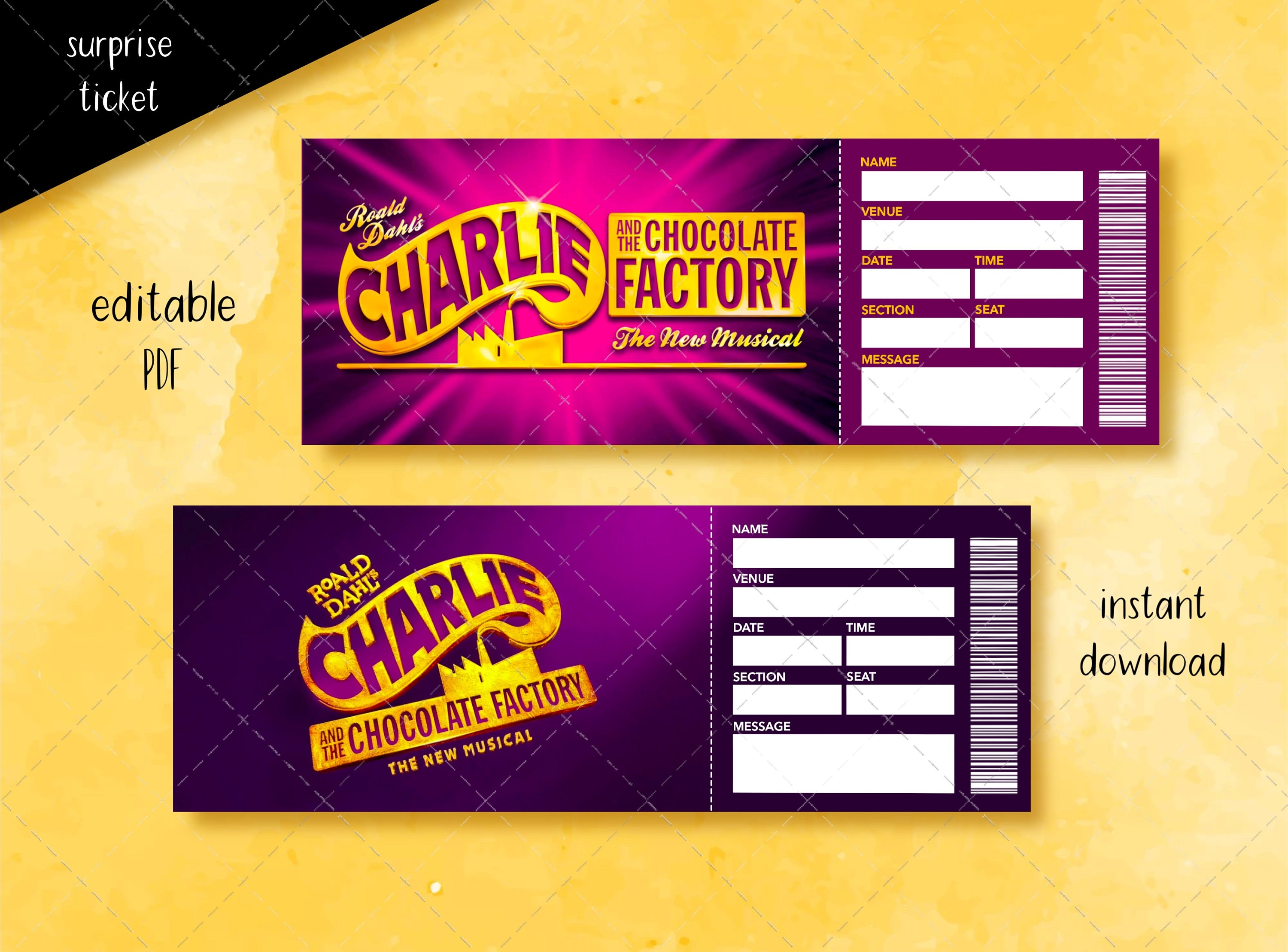 Printable Charlie and Chocolate Factory Ticket, Editable Broadway ...