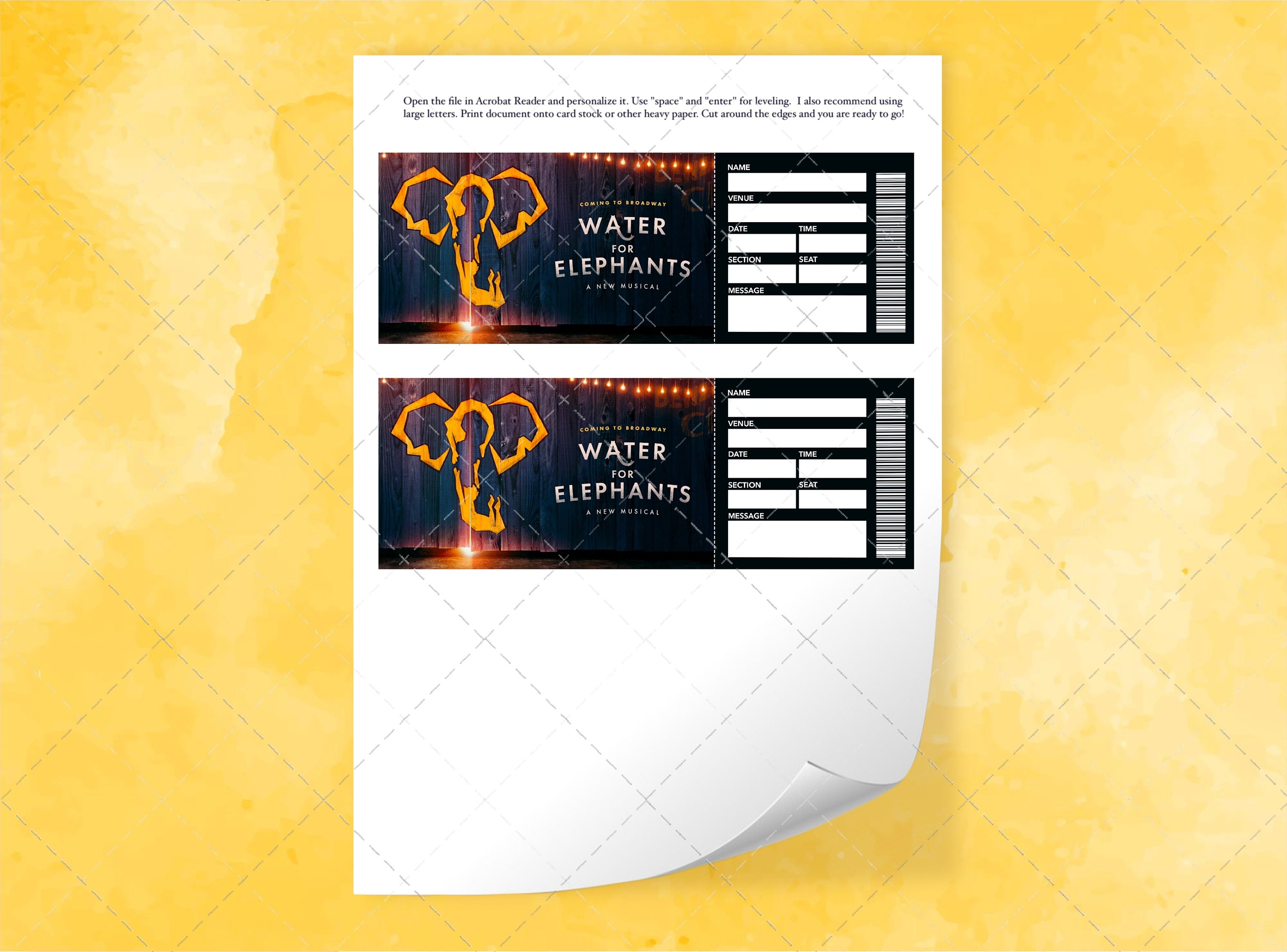 Water for Elephant Ticket, Printable Ticket, Editable Broadway Ticket ...