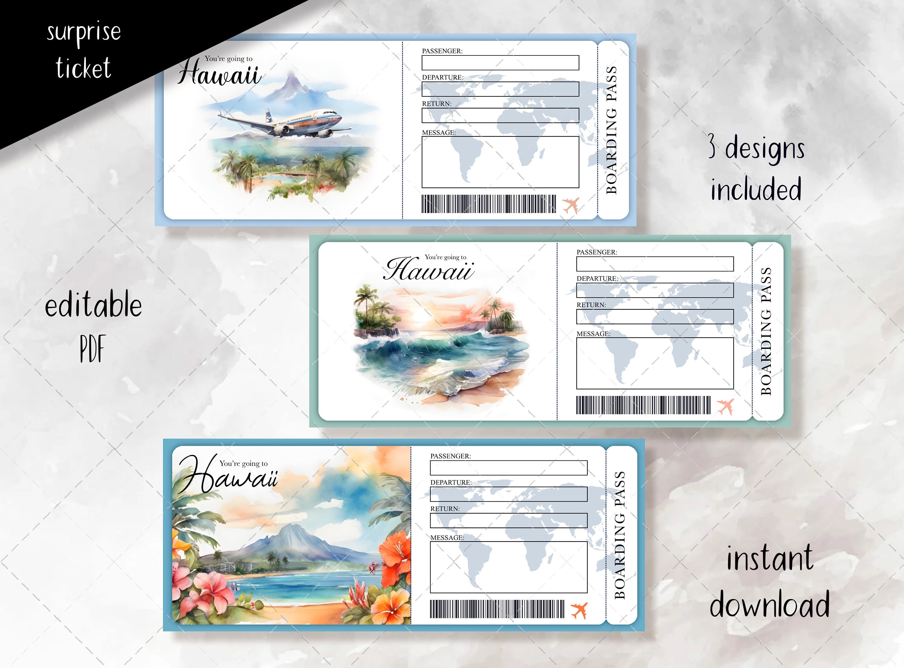 Editable HAWAII Surprise BOARDING Pass Ticket, Trip Ticket, Vacation ...