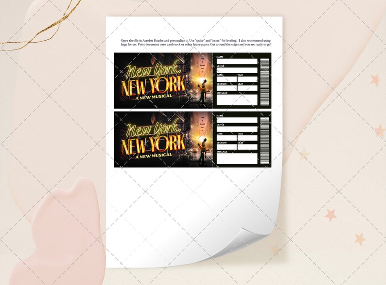 Printable New York Broadway Ticket, Surprise Musical Collectible ...