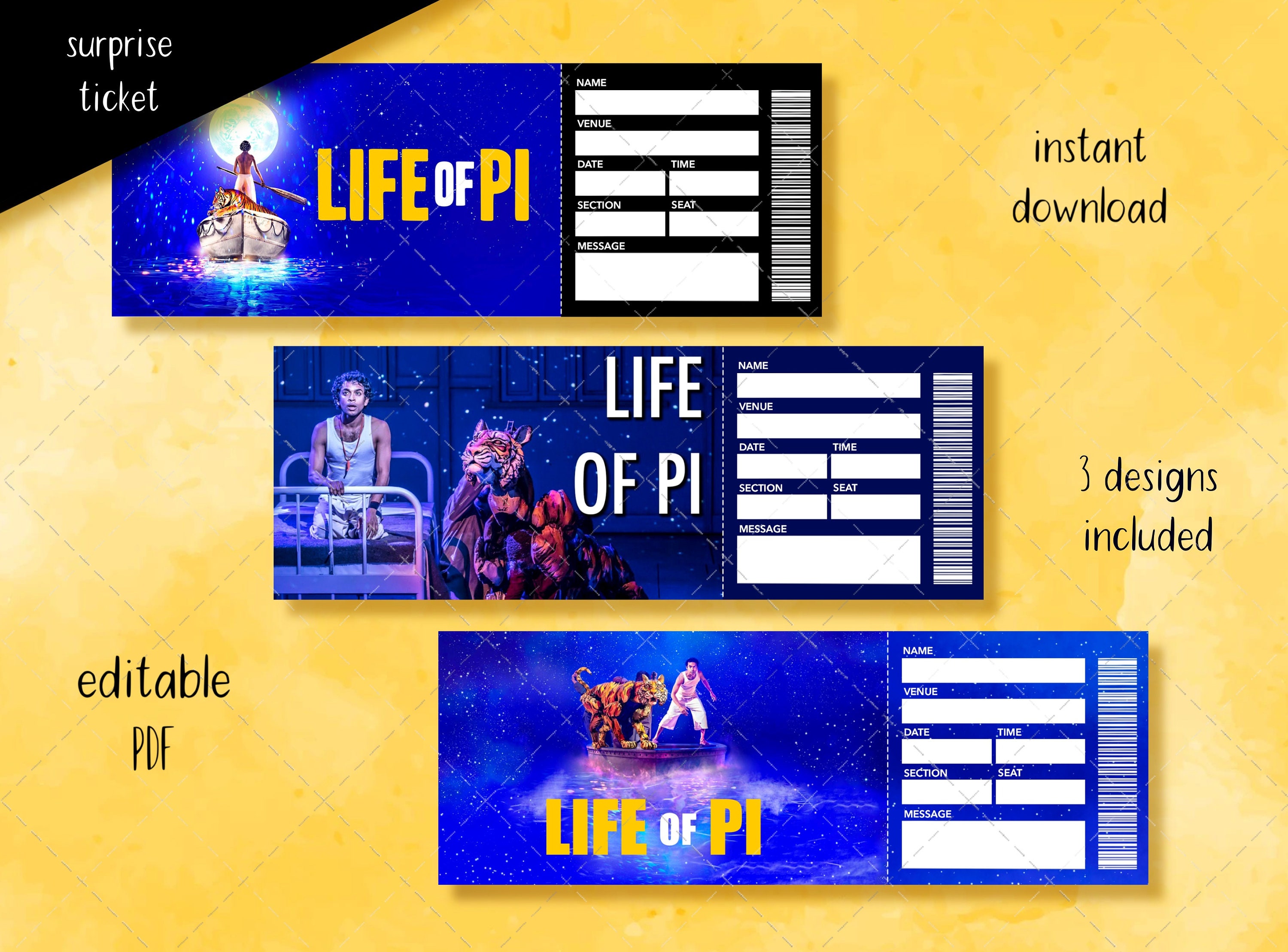 Printable LIFE OF PI Musical Ticket, Editable Broadway Surprise Musical ...