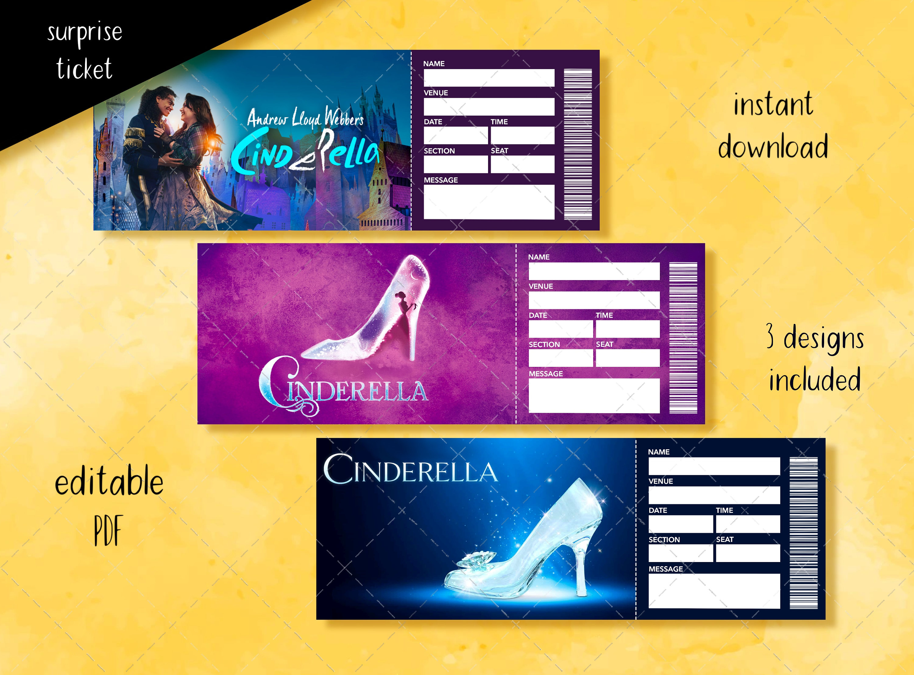 Printable CINDERELLA Musical Ticket, Editable Broadway Surprise Musical ...