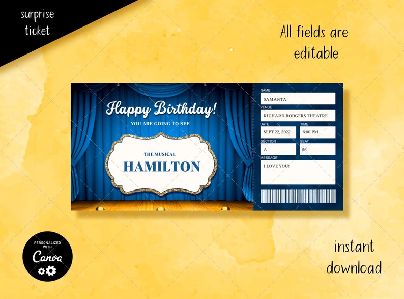 Editable Surprise Ticket, Printable Broadway Musical Ticket, Musical ...