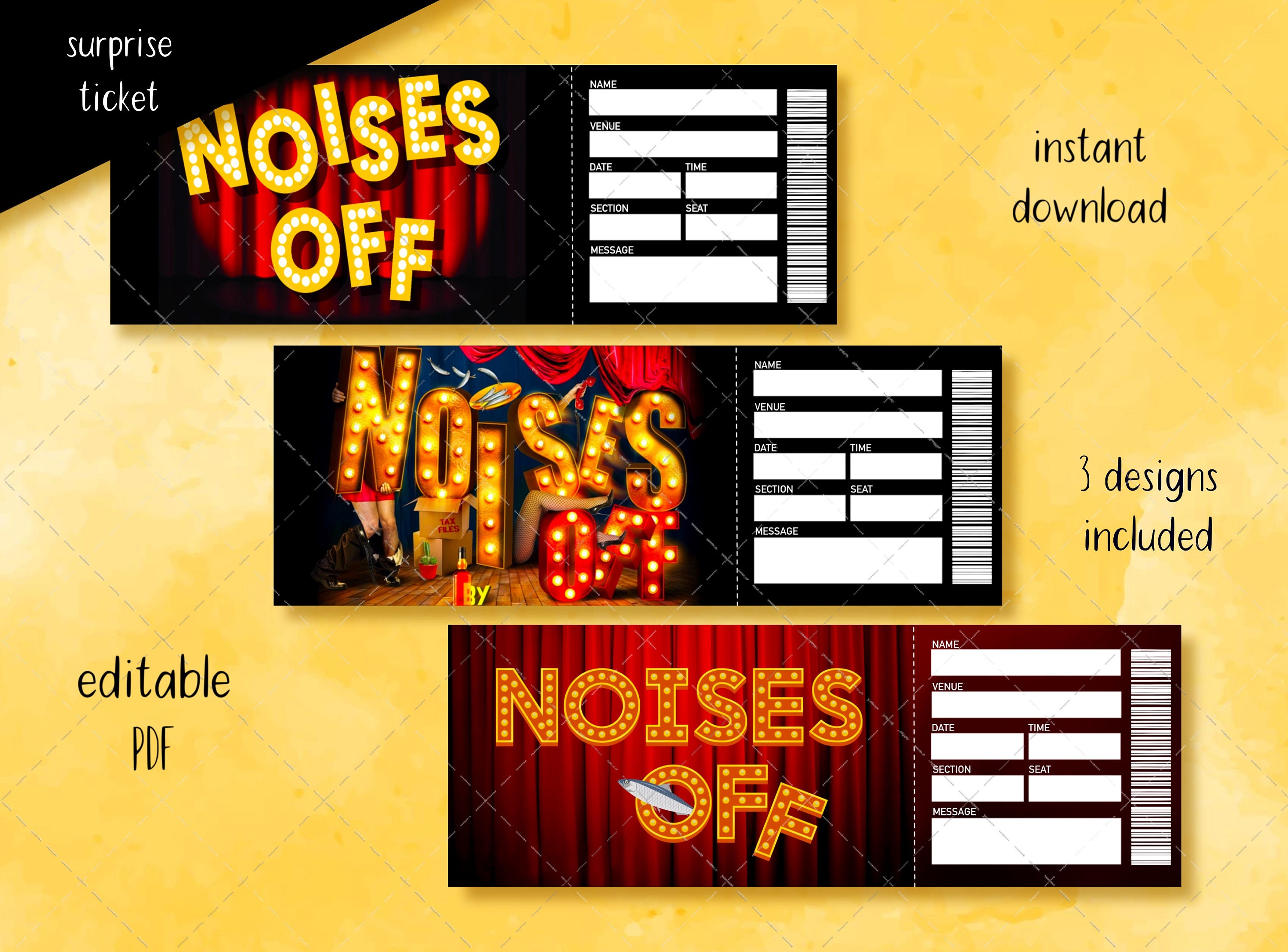 Printable NOISES OFF Ticket, Surprise Ticket, Editable Musical Ticket ...
