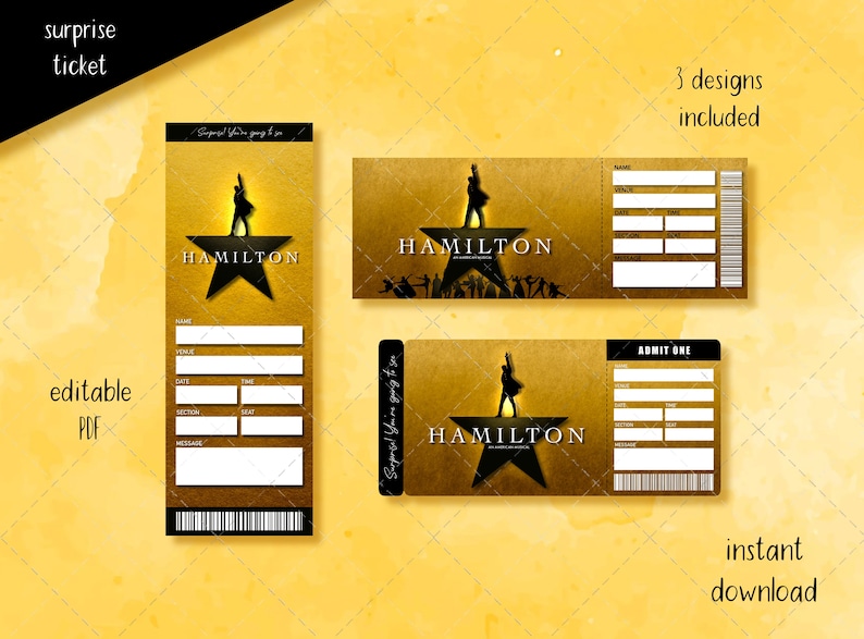 Hamilton Broadway Ticket, Printable Surprise Tickets, Editable Faux ...
