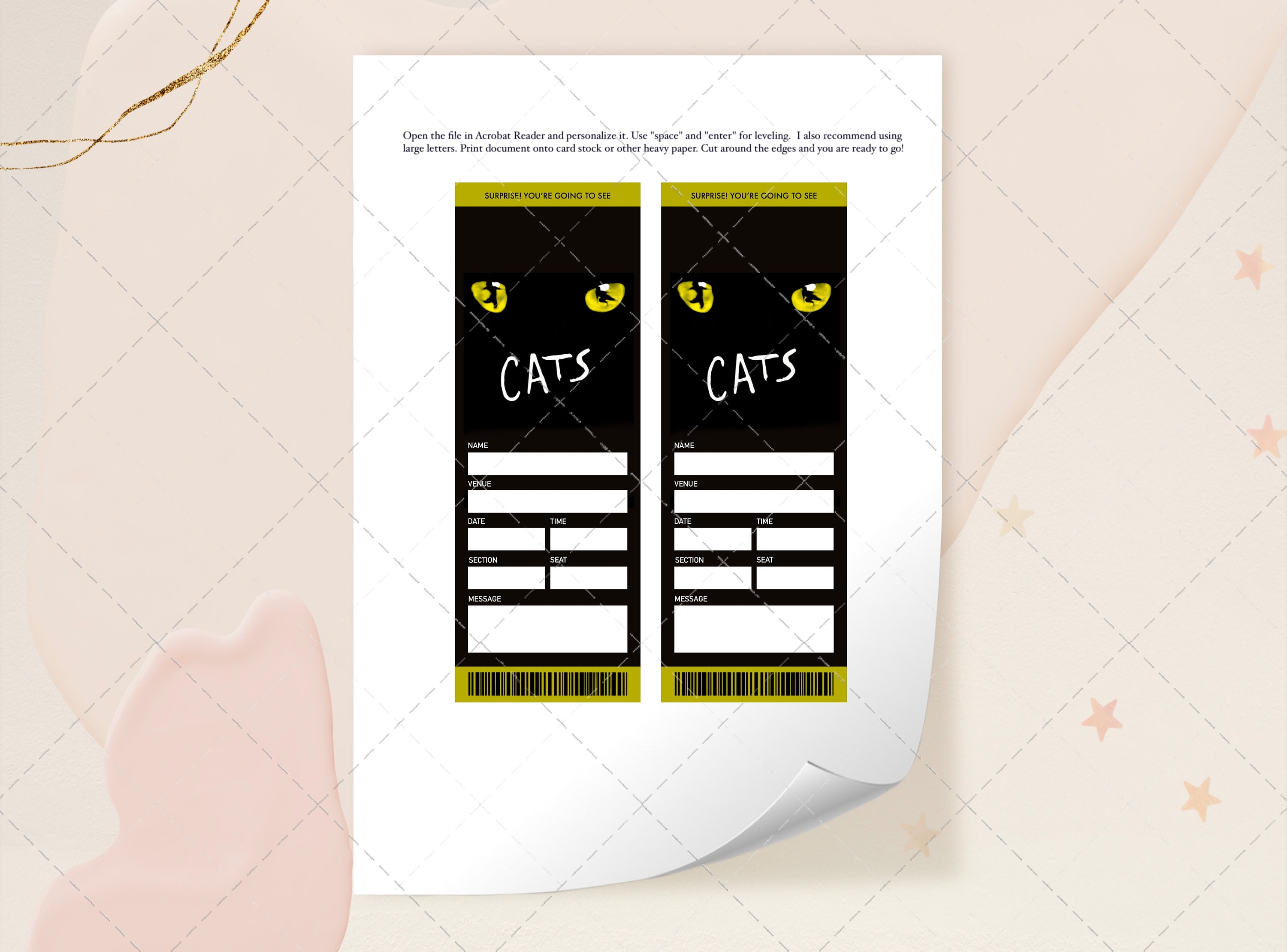 Printable CATS Surprise Ticket, Musical Collectible Theater Ticket ...