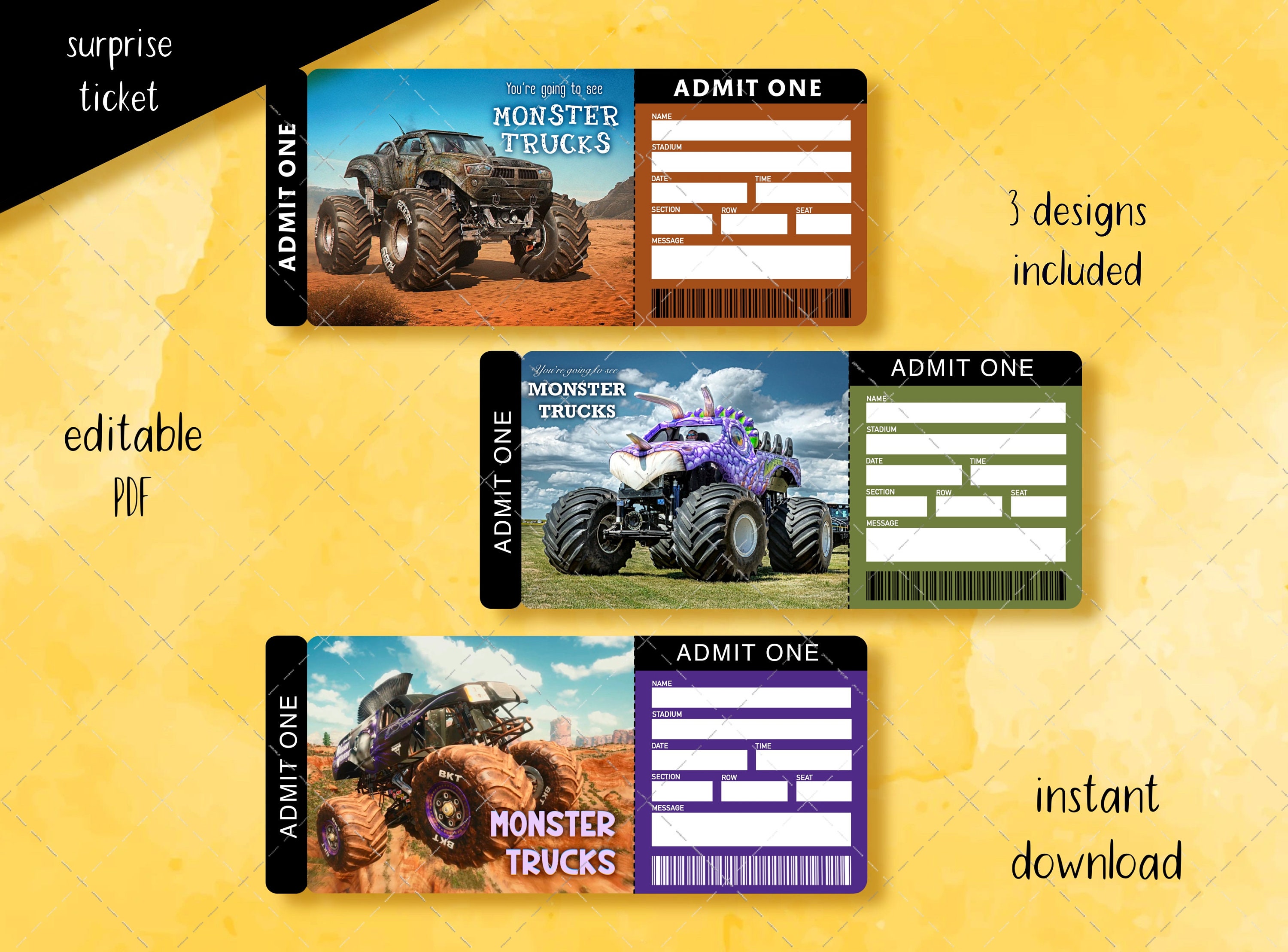 Monster Trucks Show Surprise Printable Ticket, Monster Trucks Surprise ...