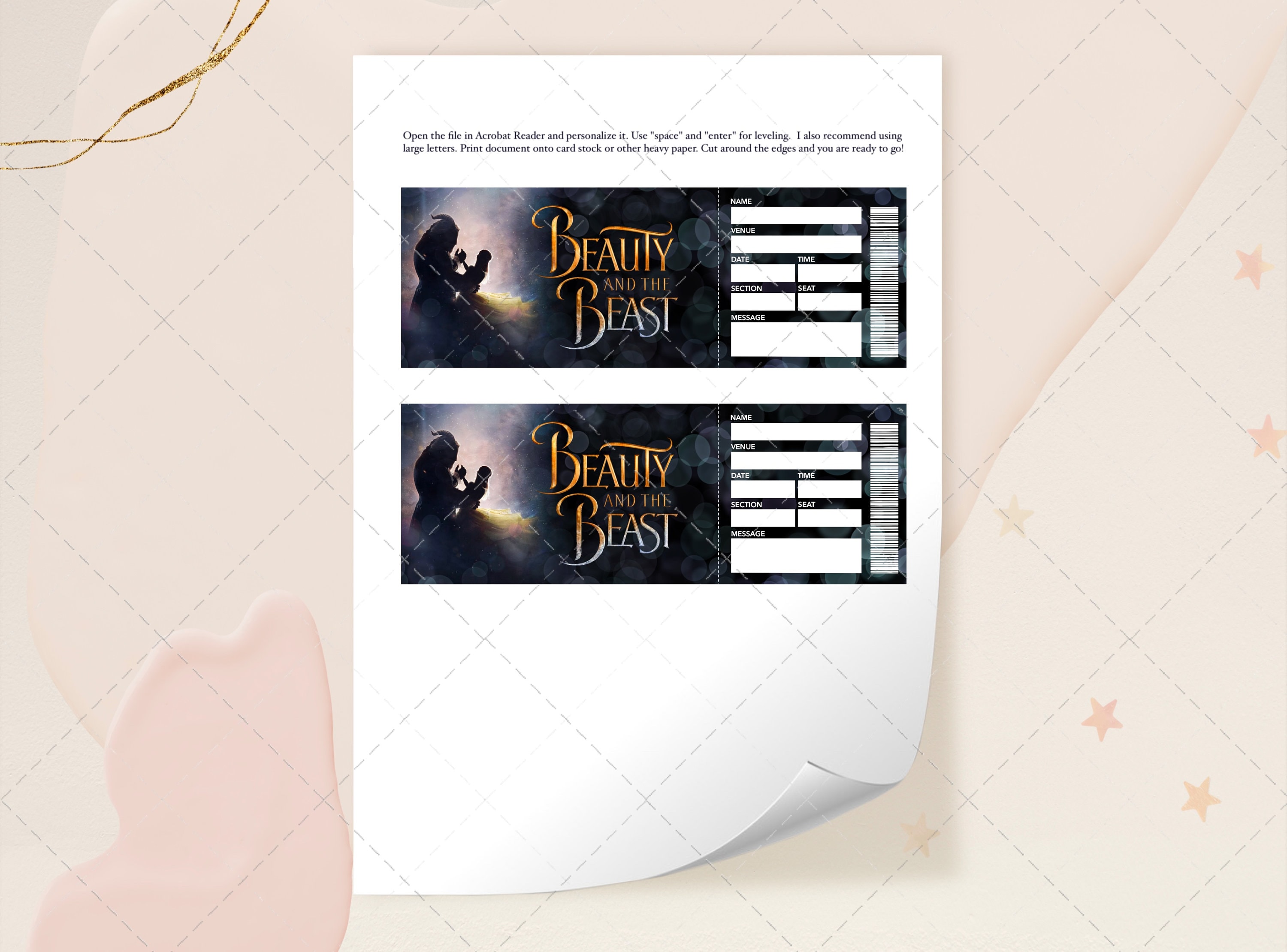 Printable Beauty and Beast Ticket, Editable Broadway Ticket, Event ...