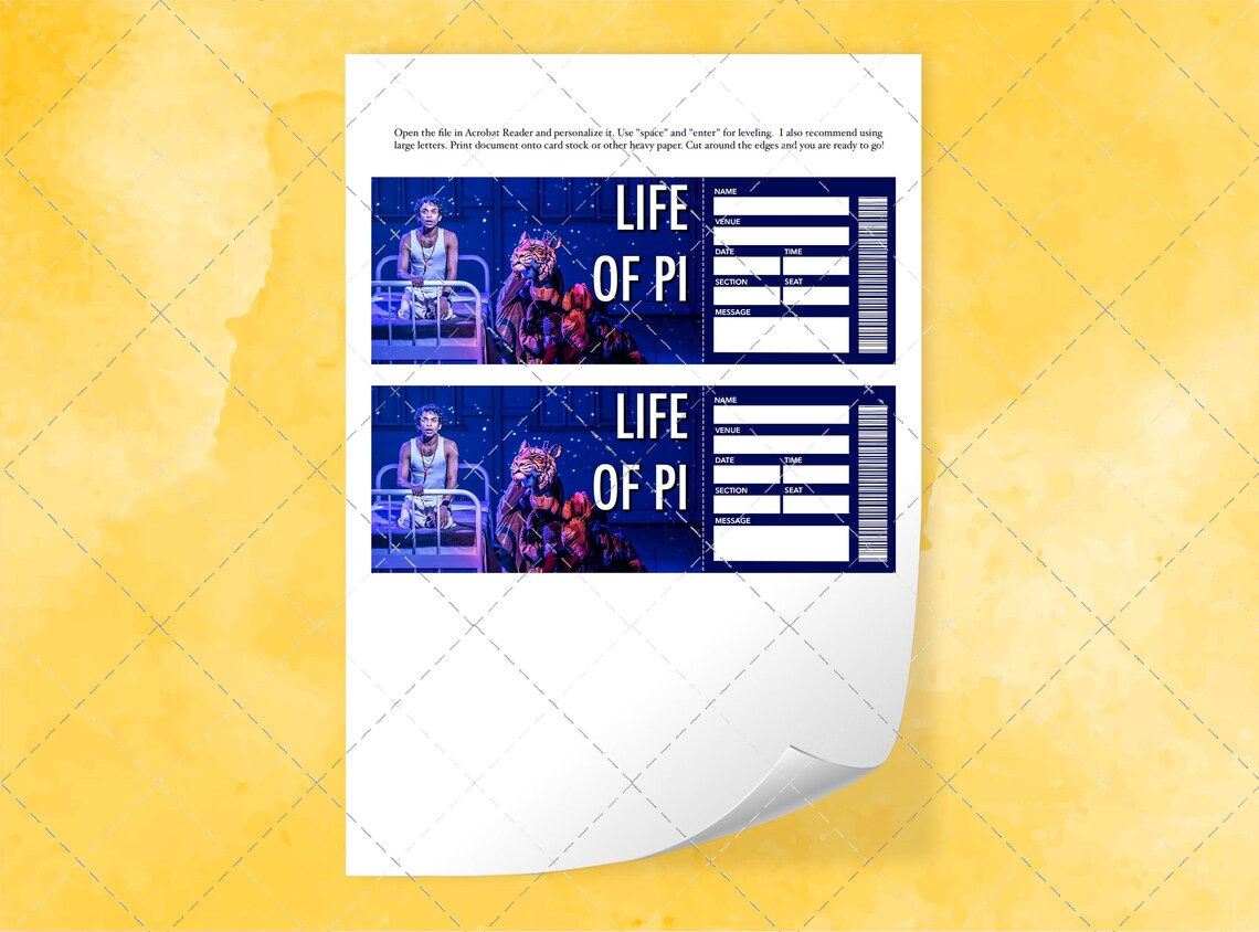 Printable LIFE OF PI Musical Ticket, Editable Broadway Surprise Musical ...