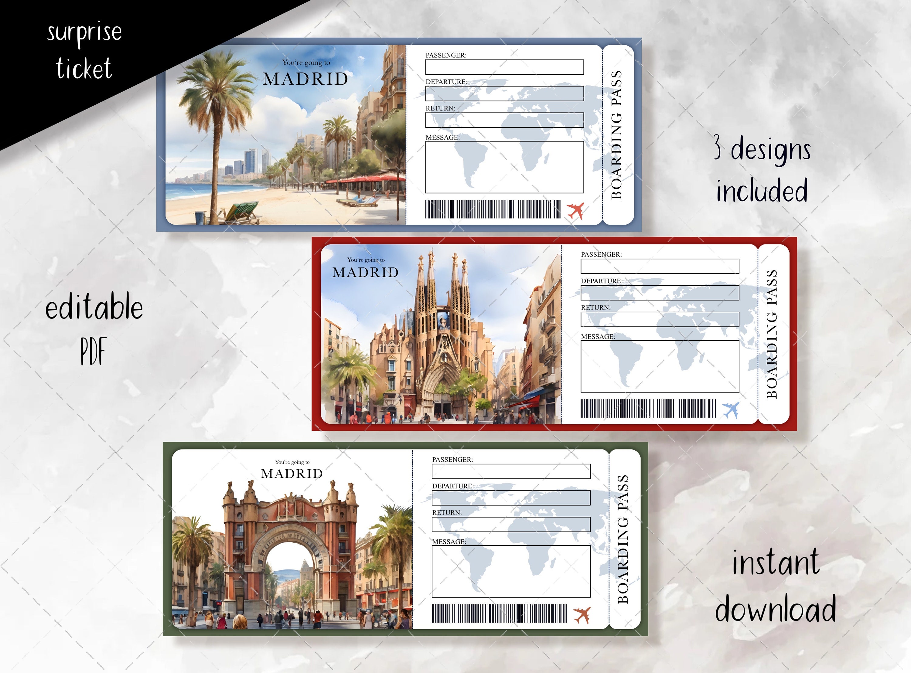 Editable MADRID Boarding Pass Template, Printable Airline Ticket ...