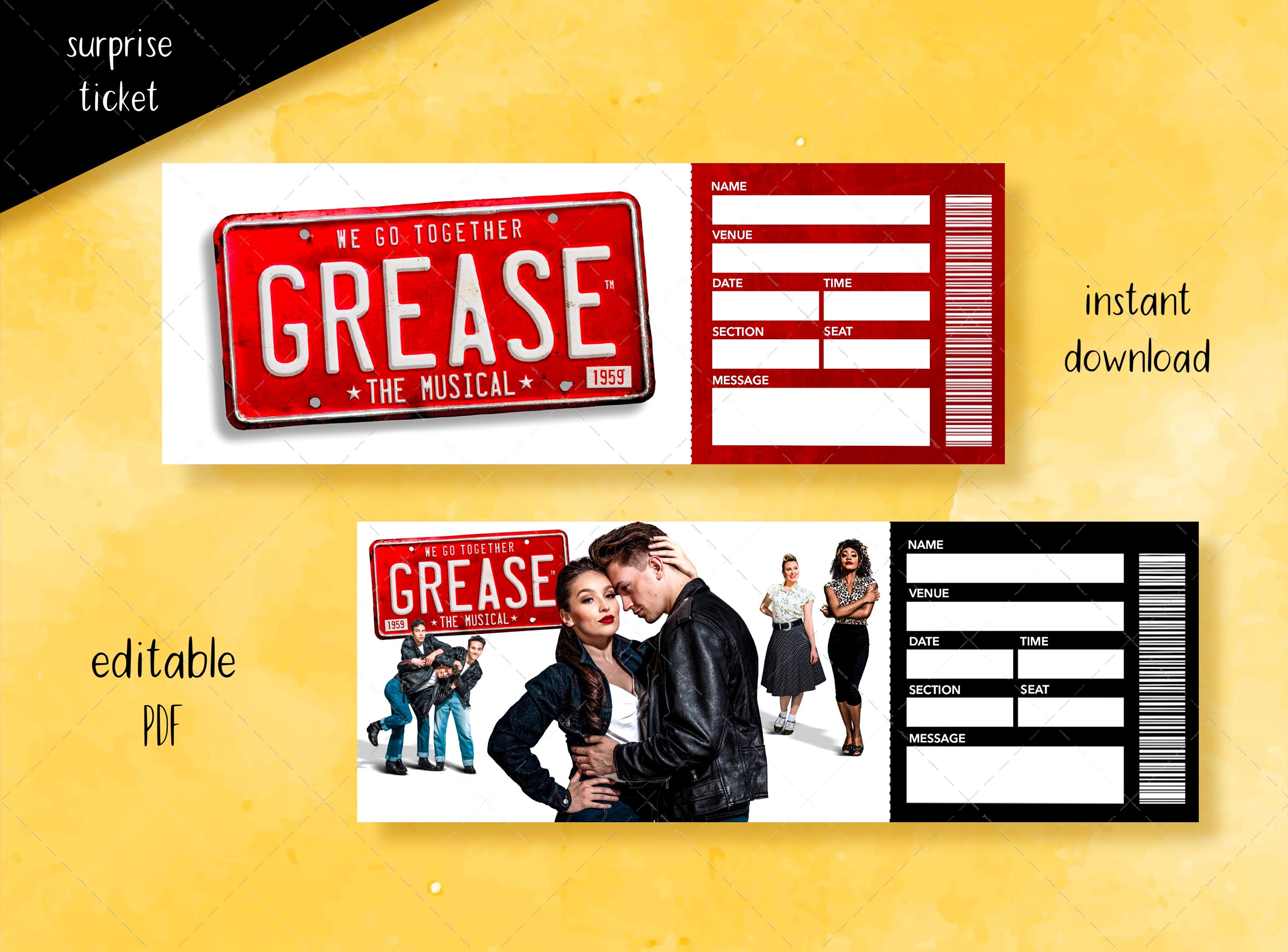 Printable GREASE Ticket, Editable Broadway Surprise Musical Theatre ...
