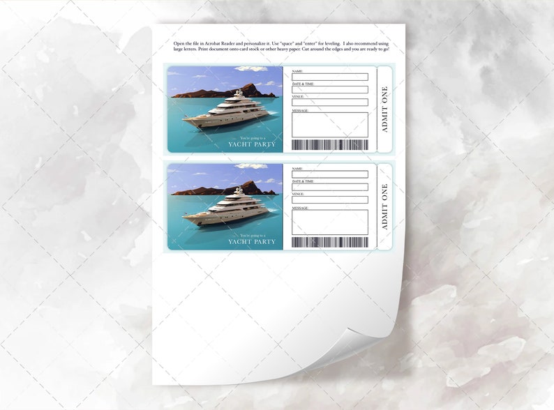 Yacht Party, Surprise Gift Ticket, Printable Editable Ticket, Template ...
