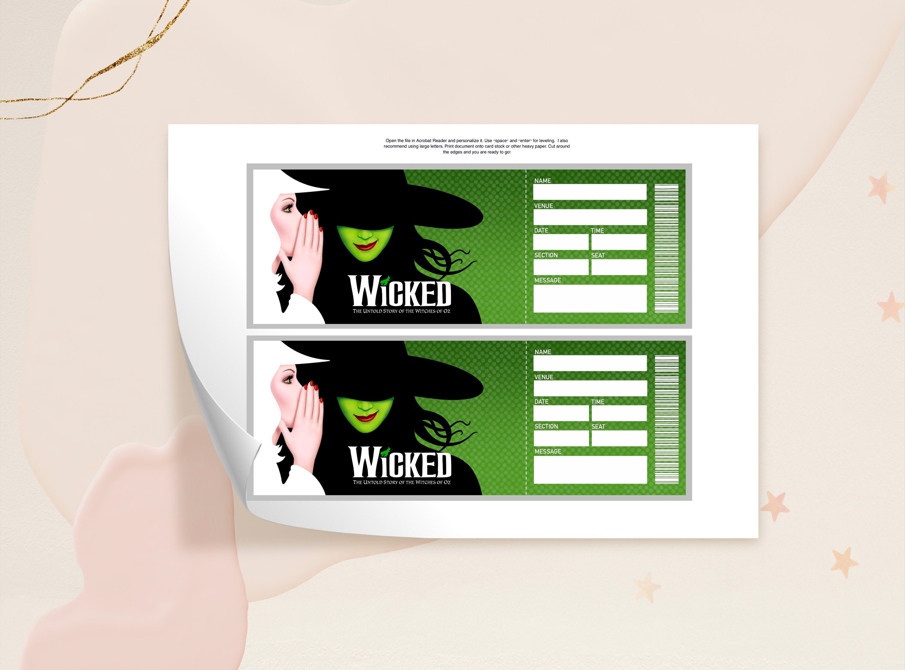 Printable WICKED Broadway Surprise Ticket, Editable Musical Ticket ...