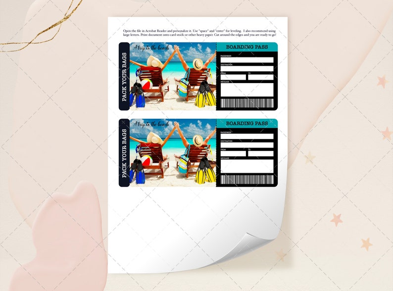 Printable BEACH VACATION Surprise Reveal Ticket, TROPICAL Vacation Gift ...