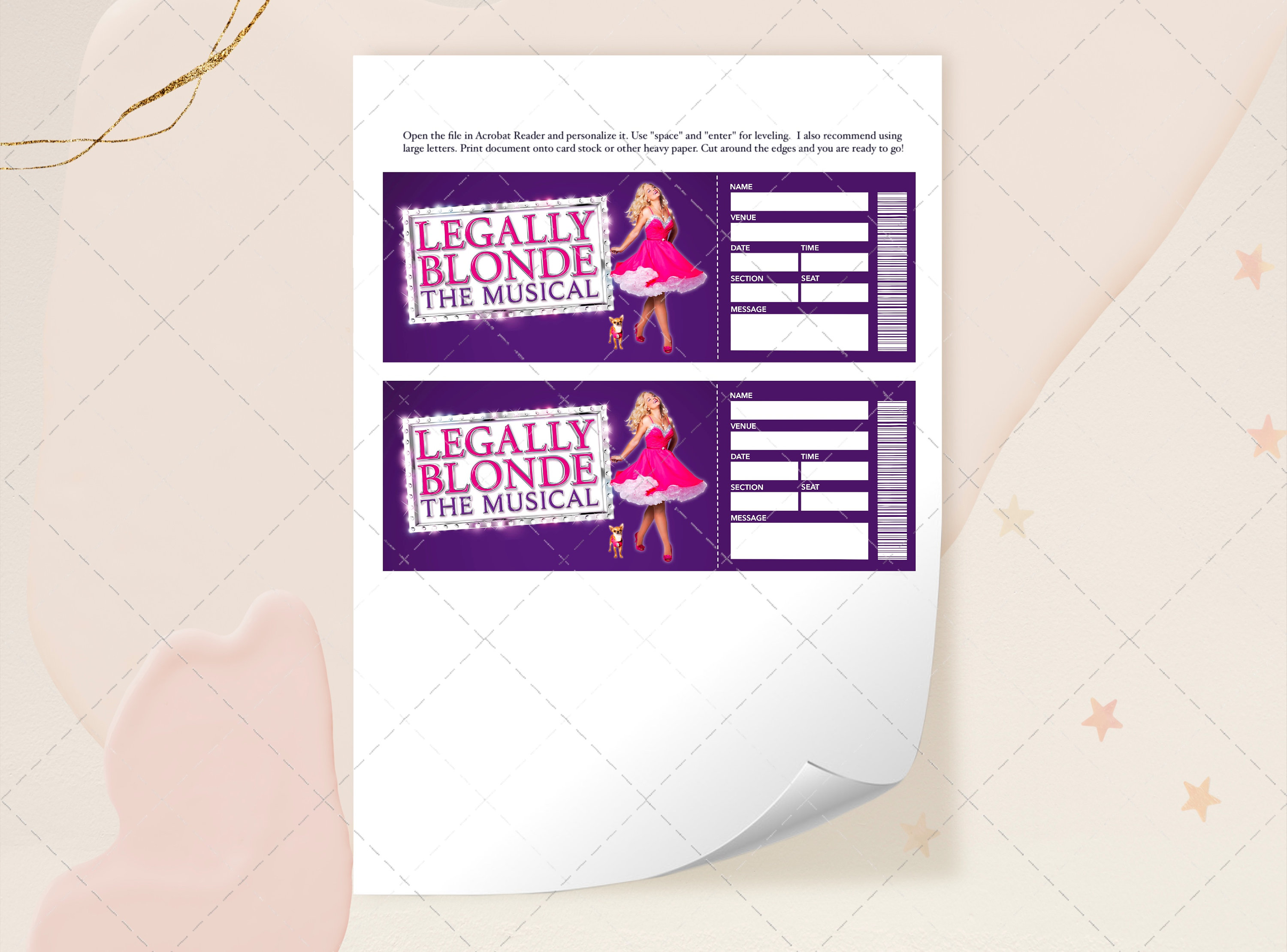 Printable LEGALLY BLONDE Ticket, Editable Broadway Surprise Musical ...